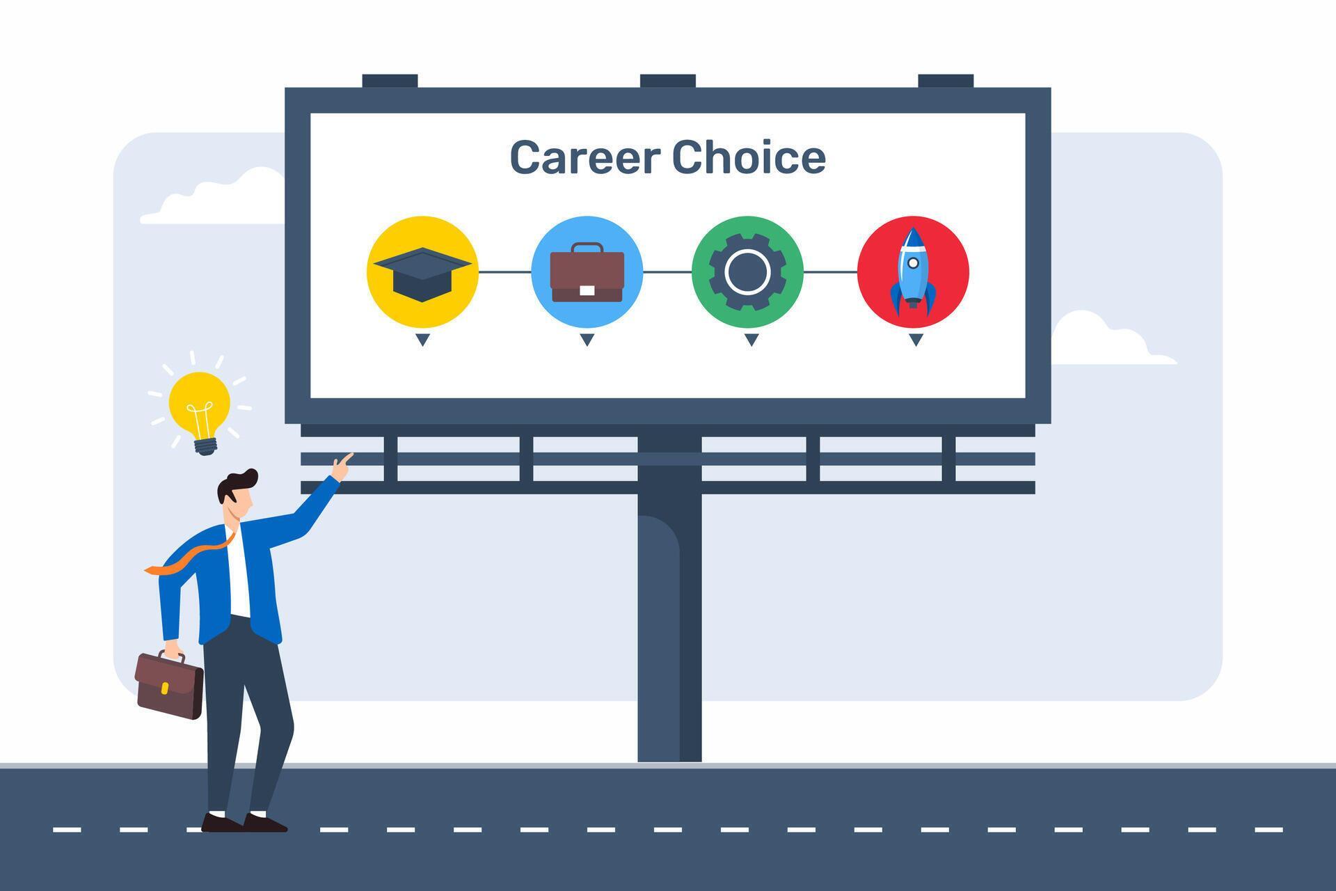 Flat illustration of businessman choosing different career choices in ...
