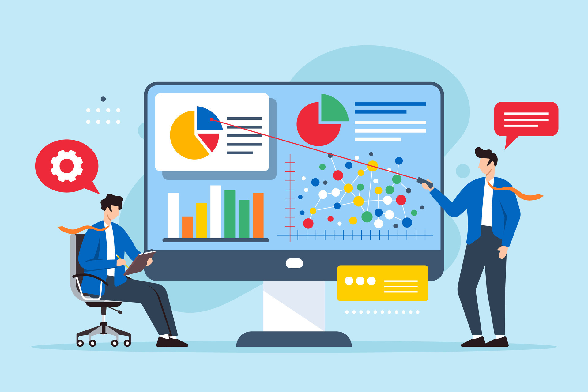 Flat illustration of two men analyzing graphs to develop problem ...