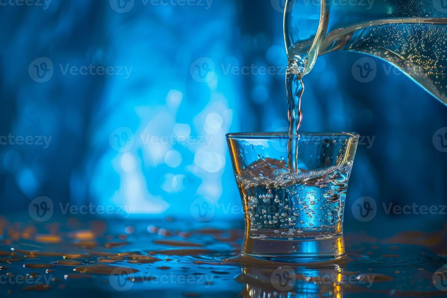 Pouring Sparkling Water From Glass Pitcher Into Clear Glass Against a Blue Background 49016984 ...