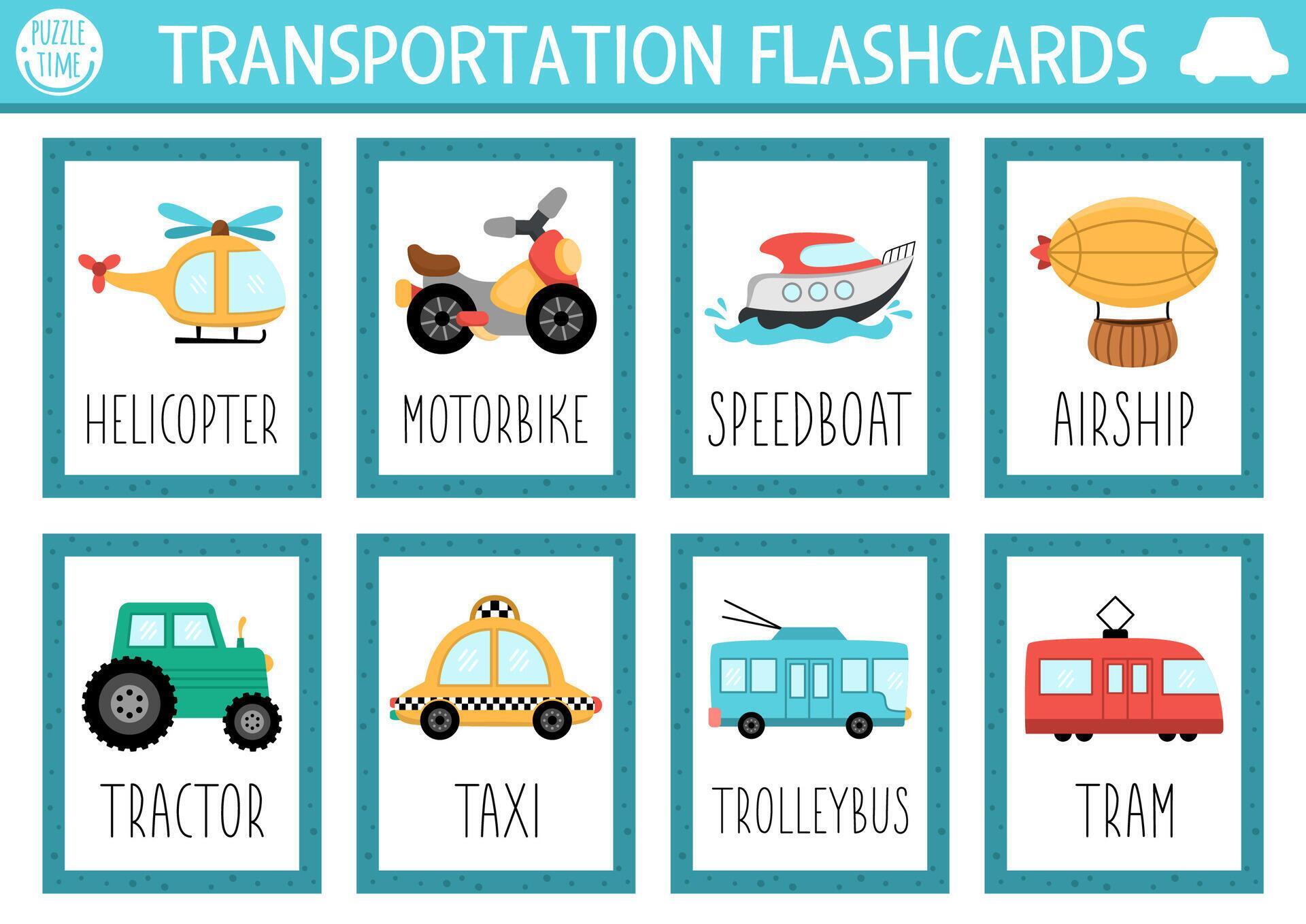 transportation flash cards set with car, speedboat, helicopter, tram ...