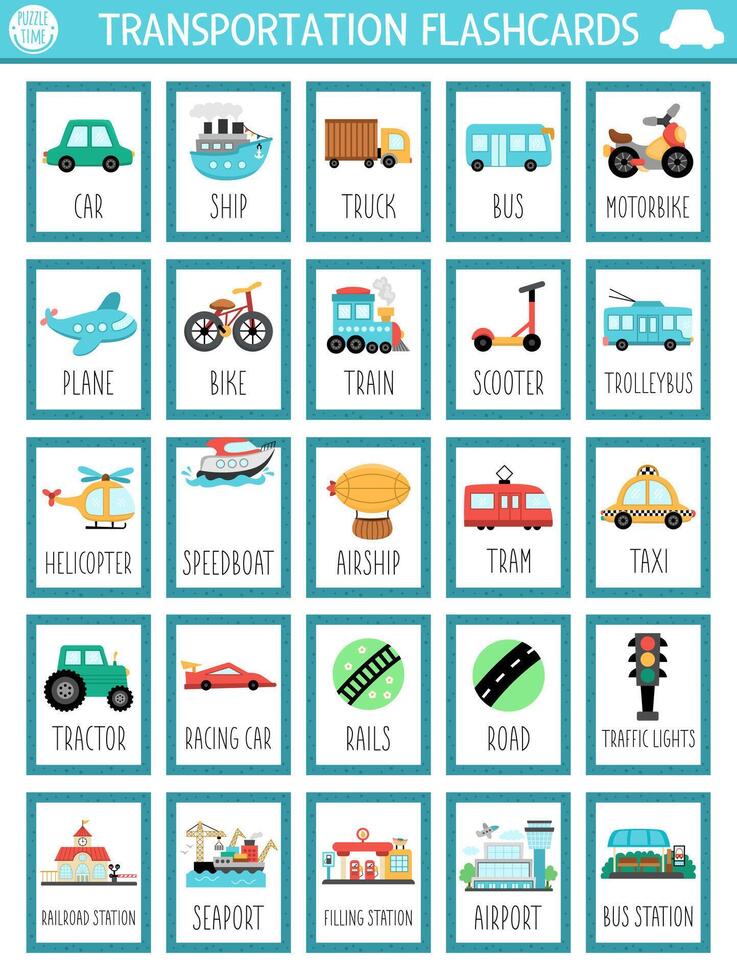 big transportation flash cards set with car, helicopter, tram, taxi ...