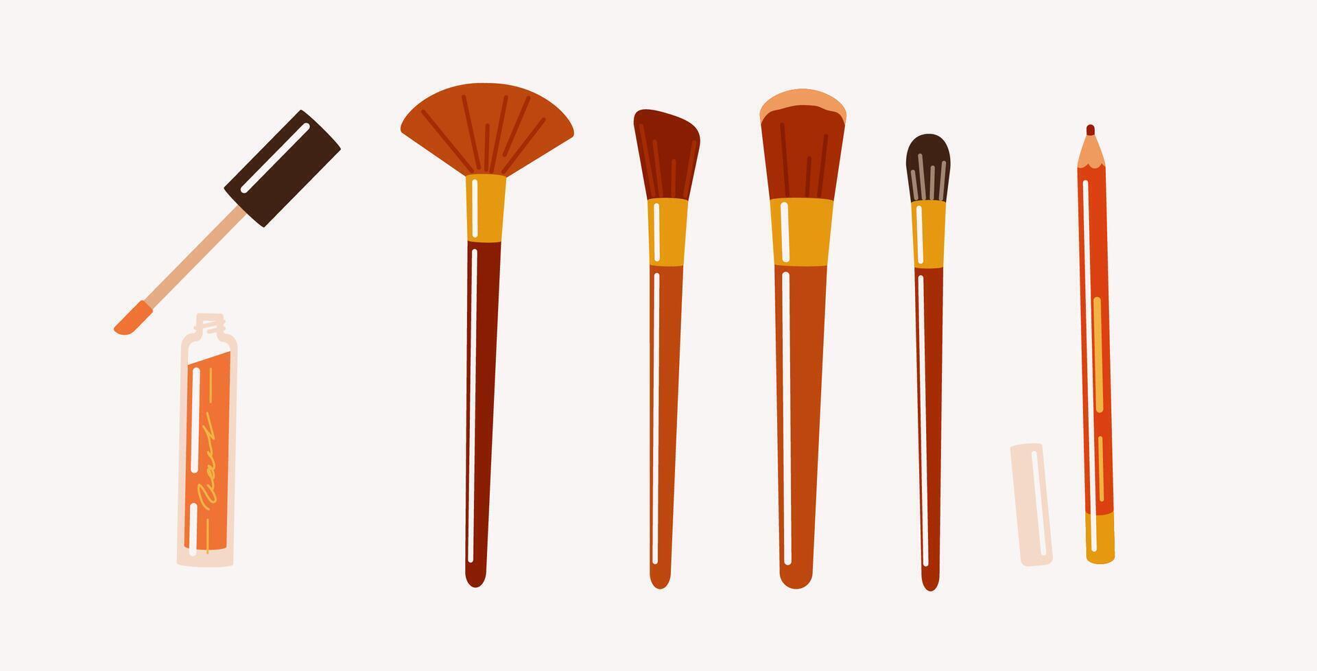 Lip gloss, brushes and pencil 2D cartoon objects set. Makeup ... Lip gloss, brushes and pencil 2D cartoon objects set. Makeup ...