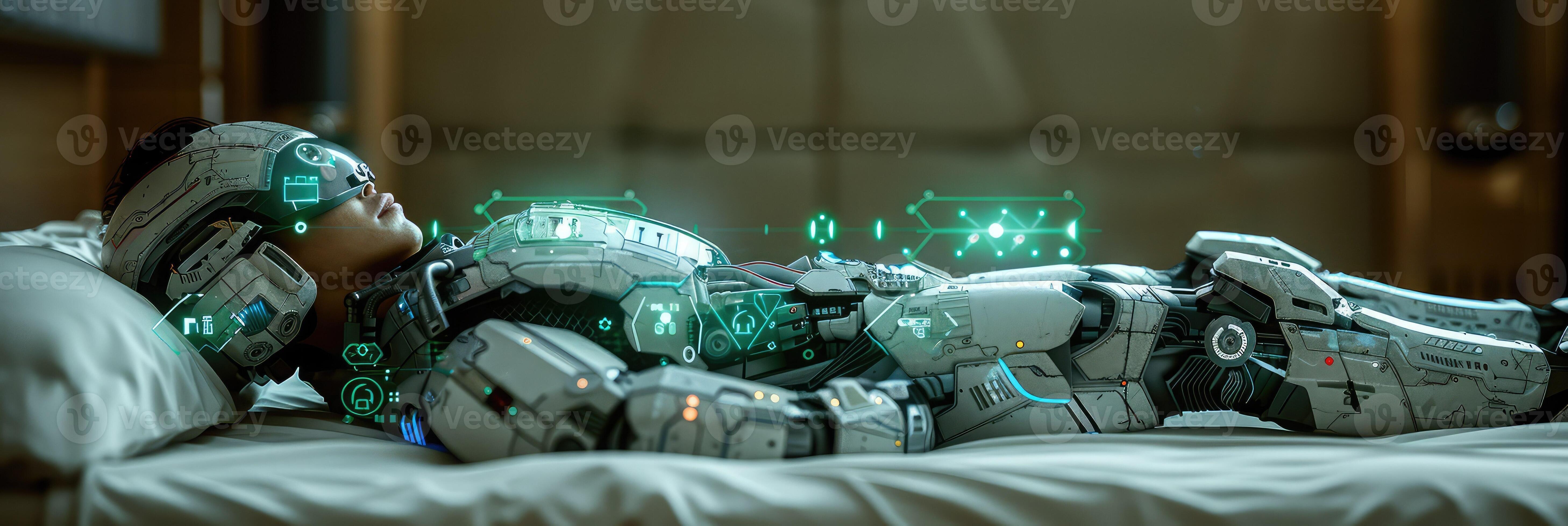 A robot is comfortably laying on a bed while wearing a helmet on its head 49040351 Stock Photo ...