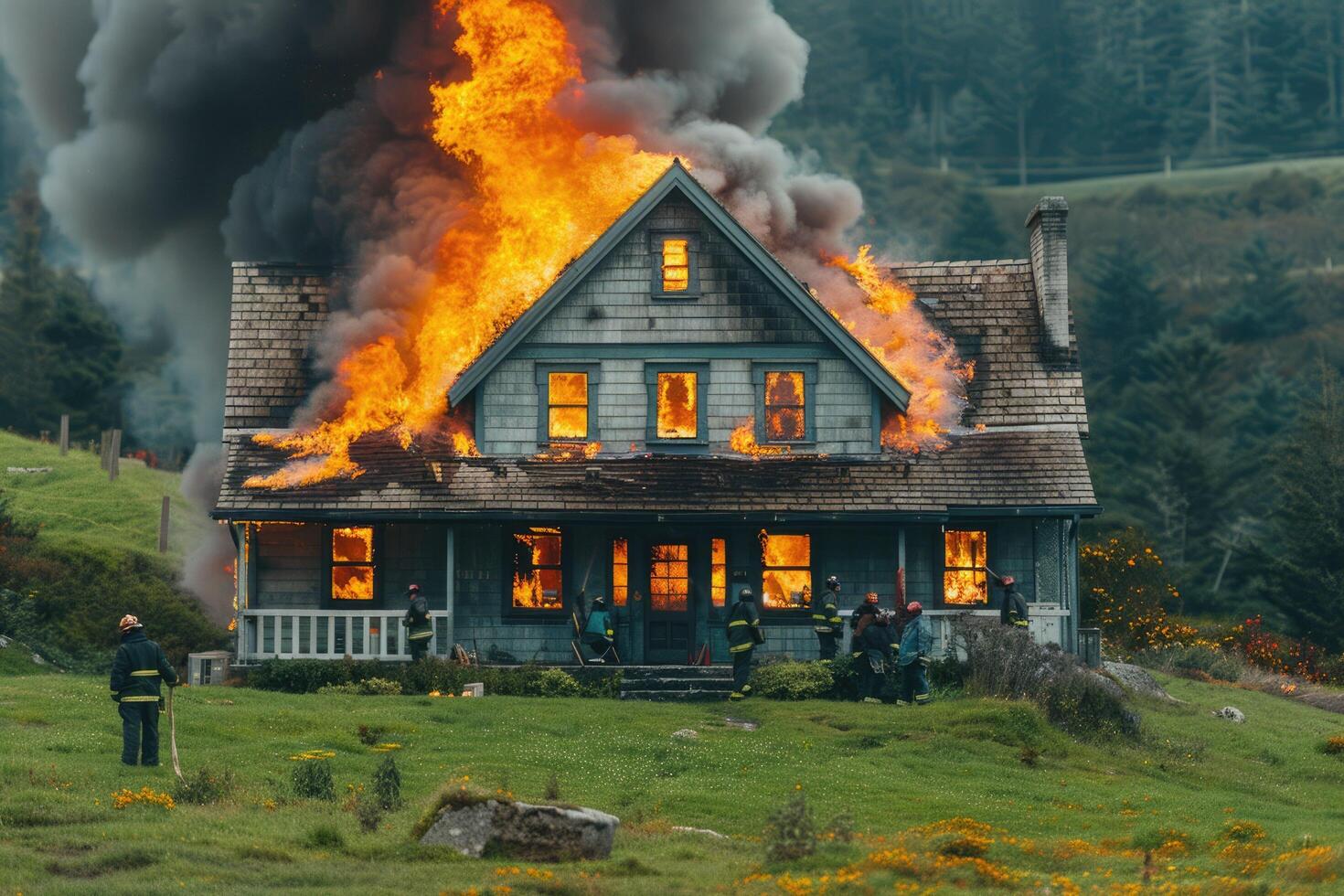 fire in the house. the burning house is being extinguished by firefighters with hoses 49040675 ...