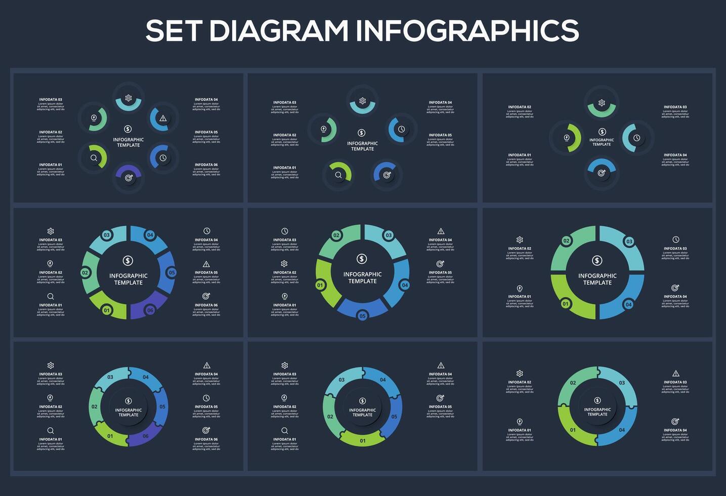 Set Diagram dark infographics elements with 3, 4, 5, 6 options, template for web on a black ...
