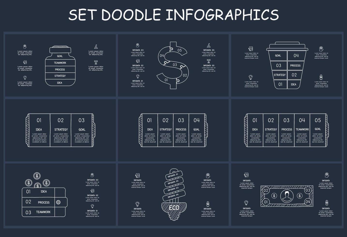Set doodle dark infographics elements with 3, 4, 5 options, template for web on a black ...