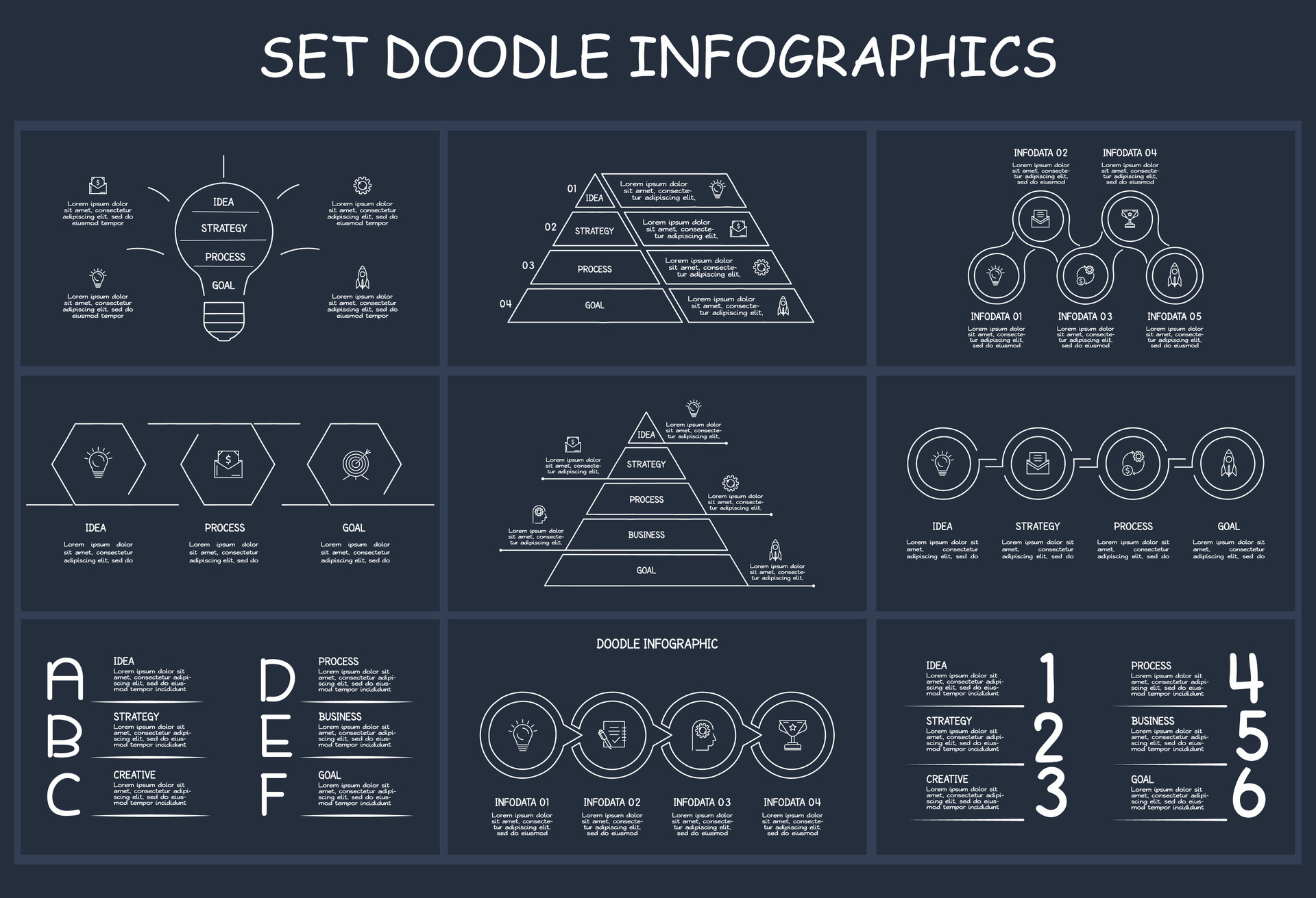 Set doodle dark infographics elements with 3, 4, 5, 6 options, template for web on a black ...