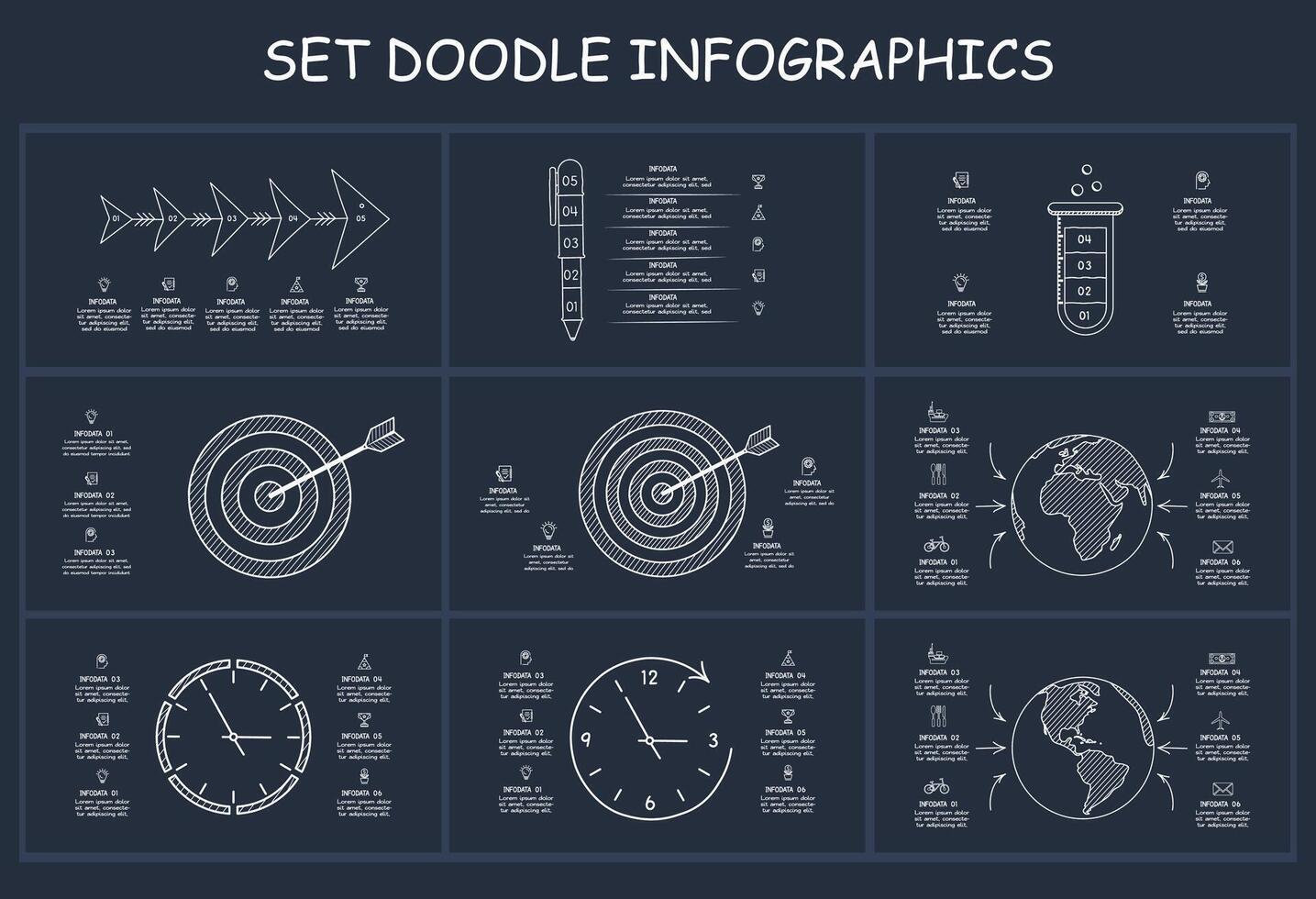 Set doodle dark infographics elements with 3, 4, 5, 6 options, template for web on a black ...