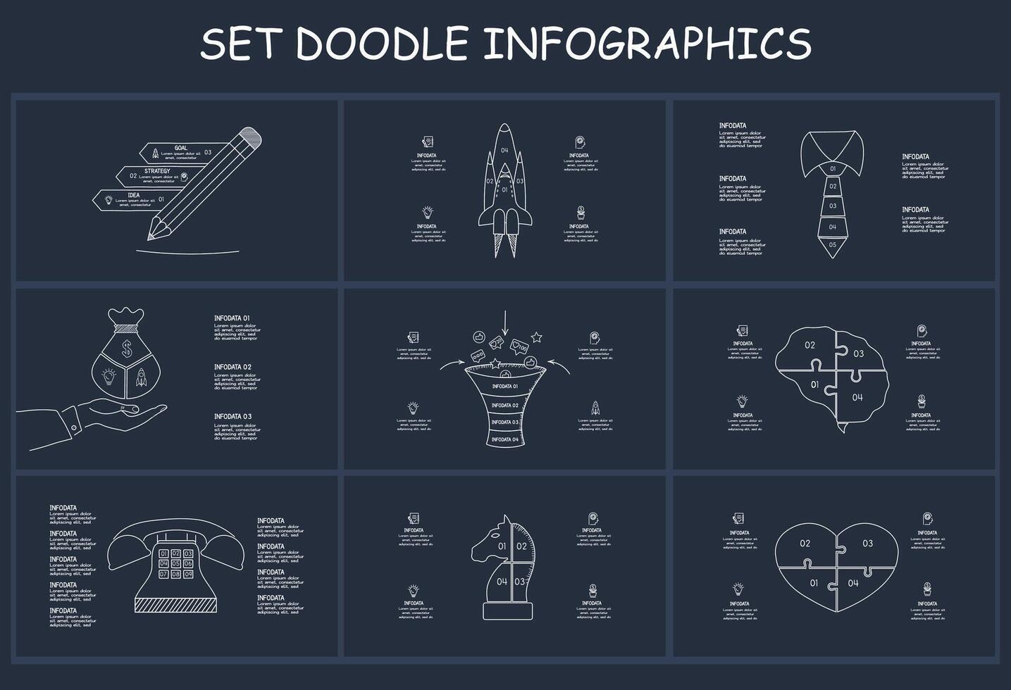 Set doodle dark infographics elements with 3, 4, 5, 9 options, template for web on a black ...