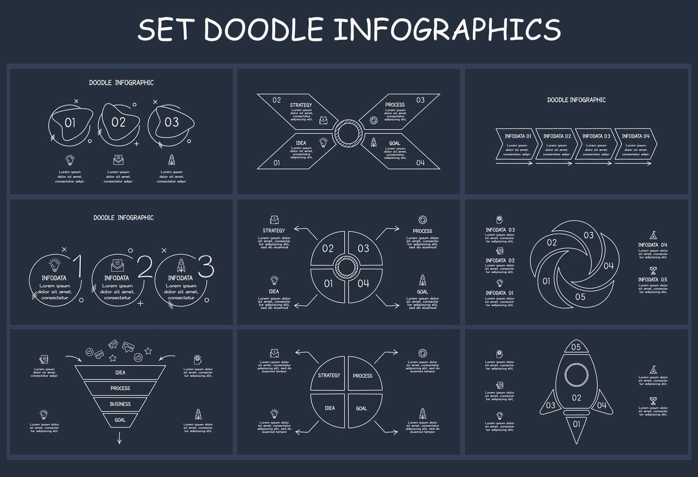 Set doodle dark infographics elements with 3, 4, 5 options, template for web on a black ...
