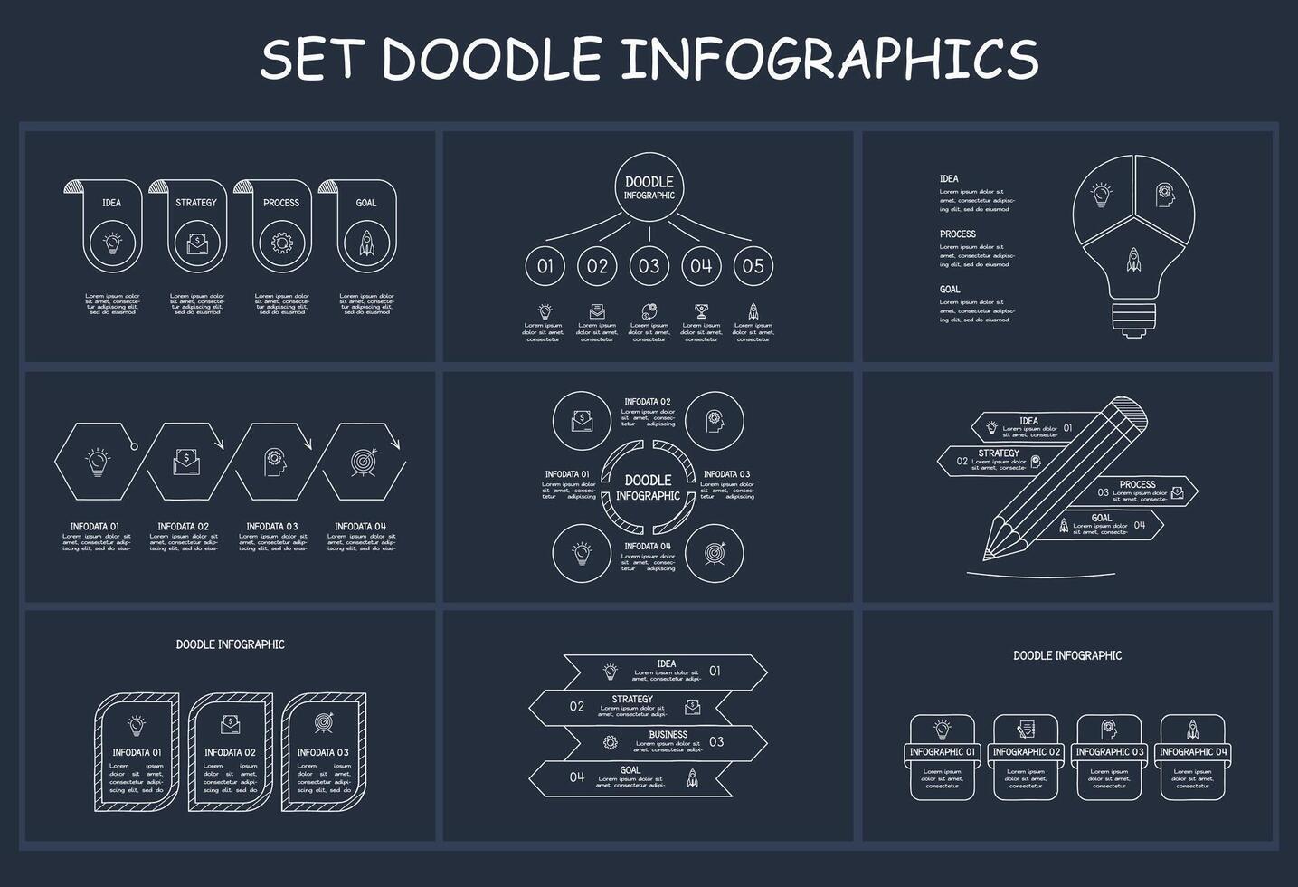 Set doodle dark infographics elements with 3, 4, 5 options, template for web on a black ...