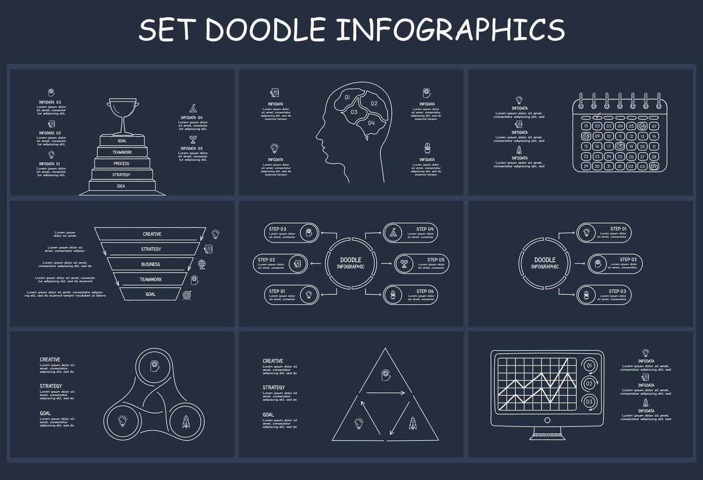 Set doodle dark infographics elements with 3, 4, 5, 6 options, template for web on a black ...