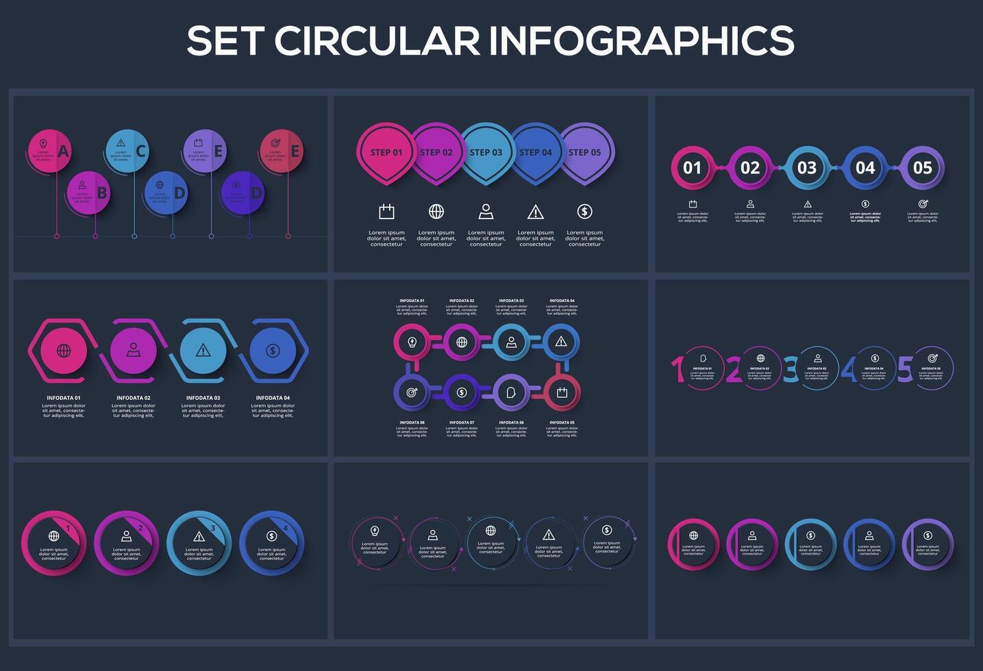 Set creative concept for infographic with 4, 5. 7, 8 steps, options ...