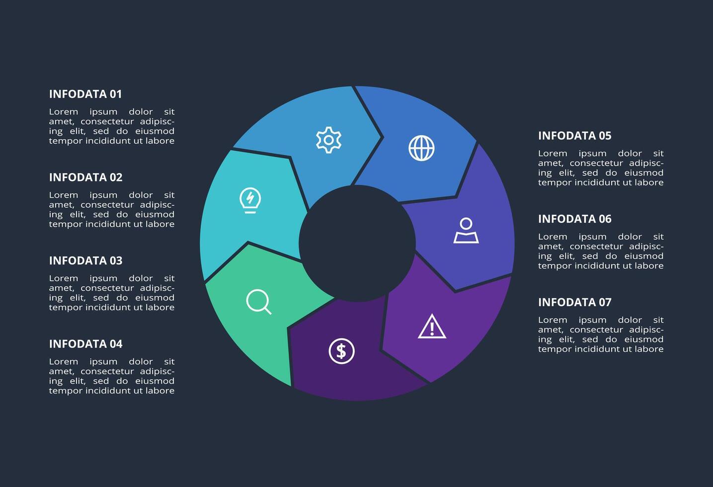 Circle dark infographic with 7 elements template for web on a black ...