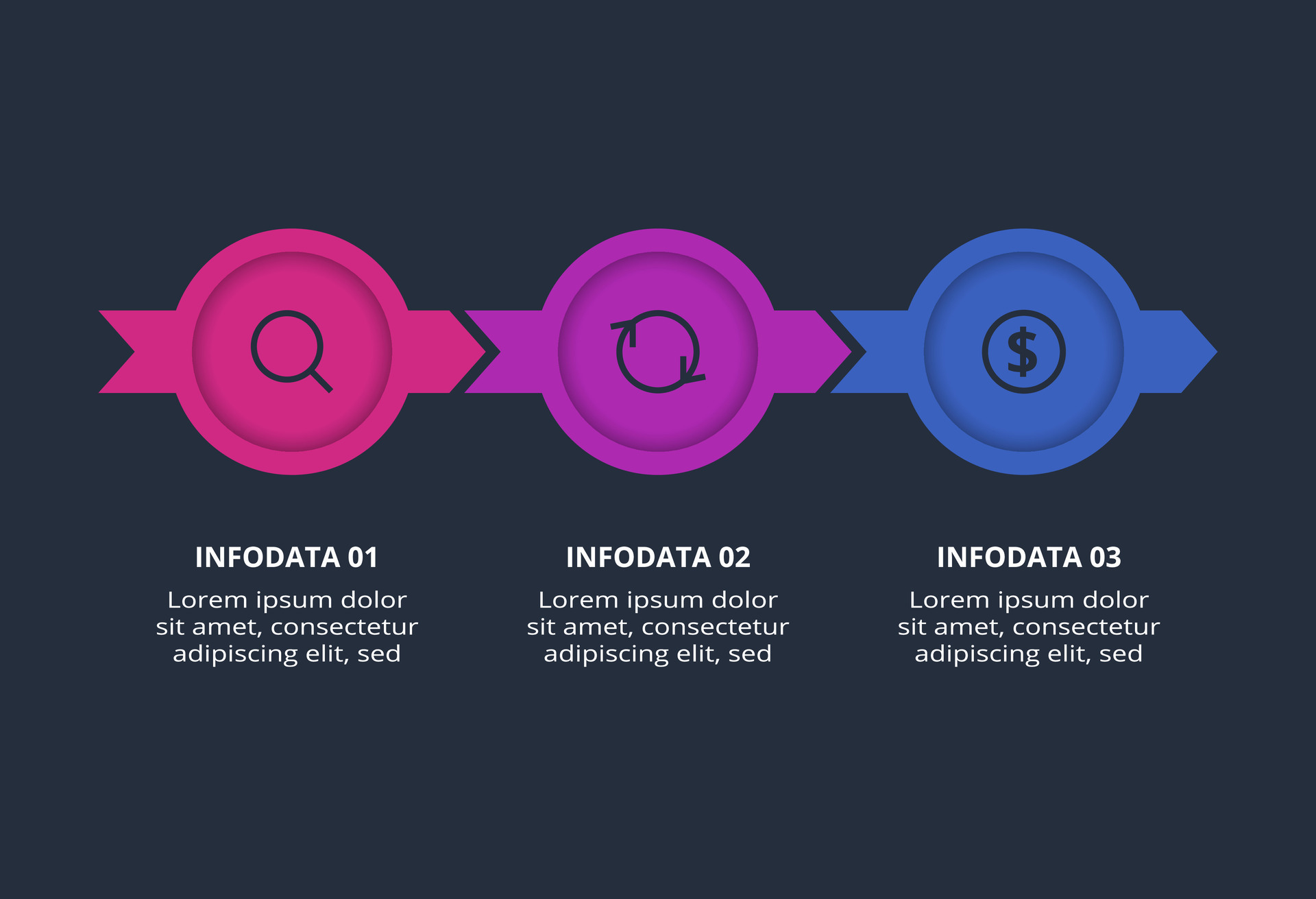 Creative dark infographic with 3 elements template for web on a black background, business ...
