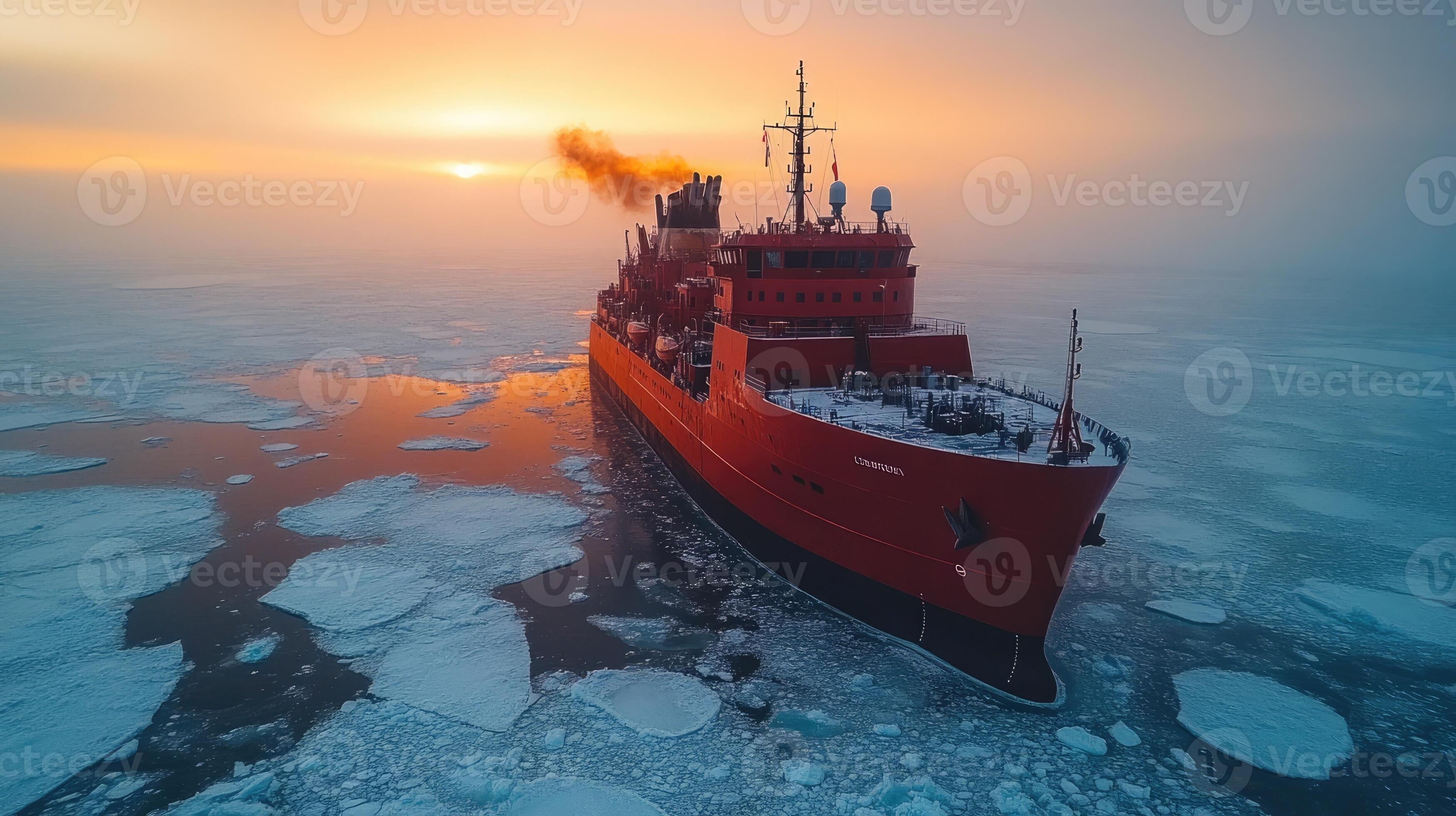 Red icebreaker ship navigating through a frozen sea at sunset 49047406 ... Red icebreaker ship navigating through a frozen sea at sunset 49047406 ...