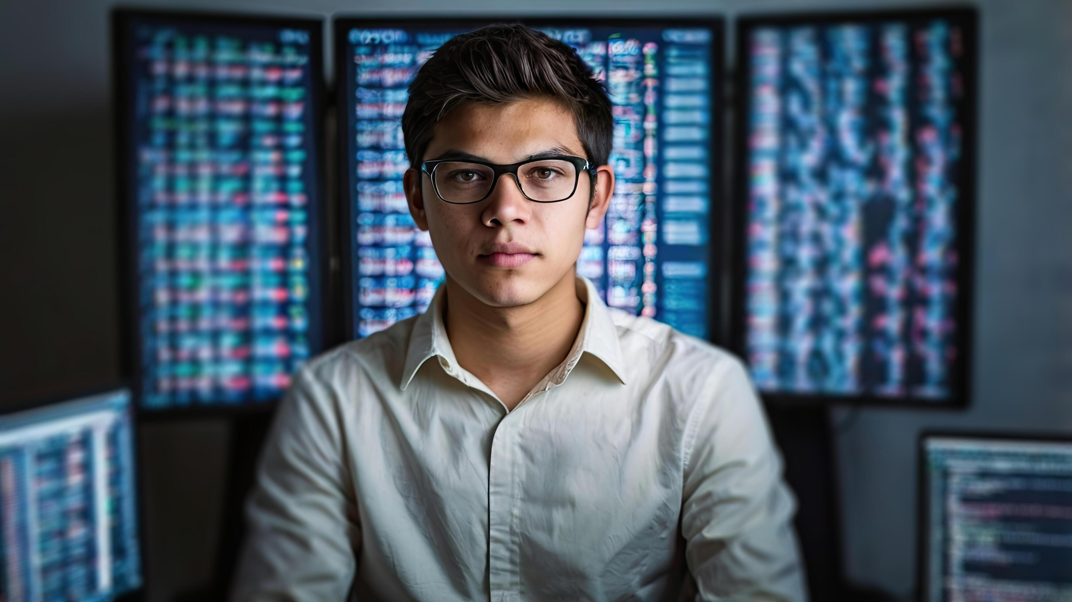 Computer programmer. Portrait of young Asian man looking at camera ...