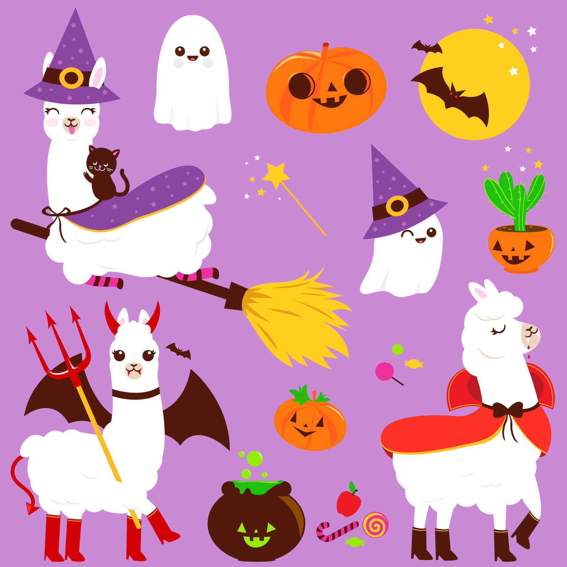 Halloween llama set. Cute llamas in Halloween costumes, treats, candy and other Halloween ...