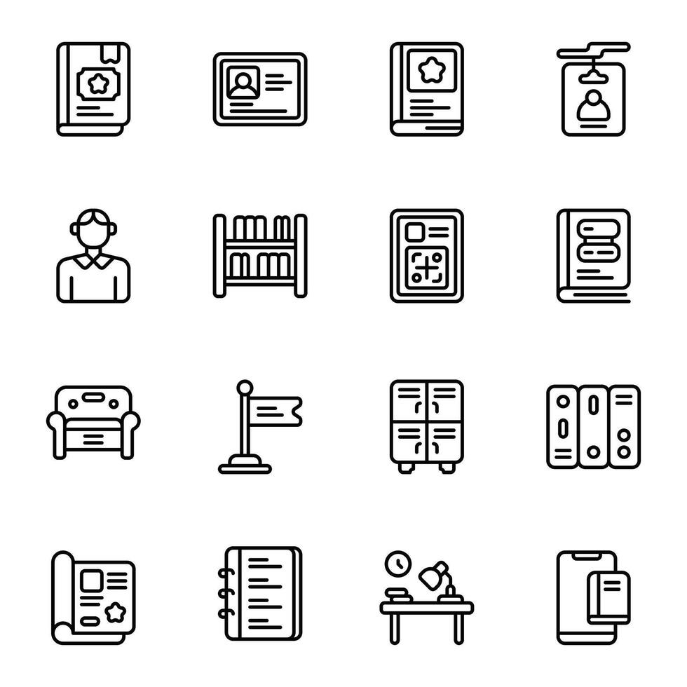 Library icon set. Includes archive, book, database, new paper, sofa ...