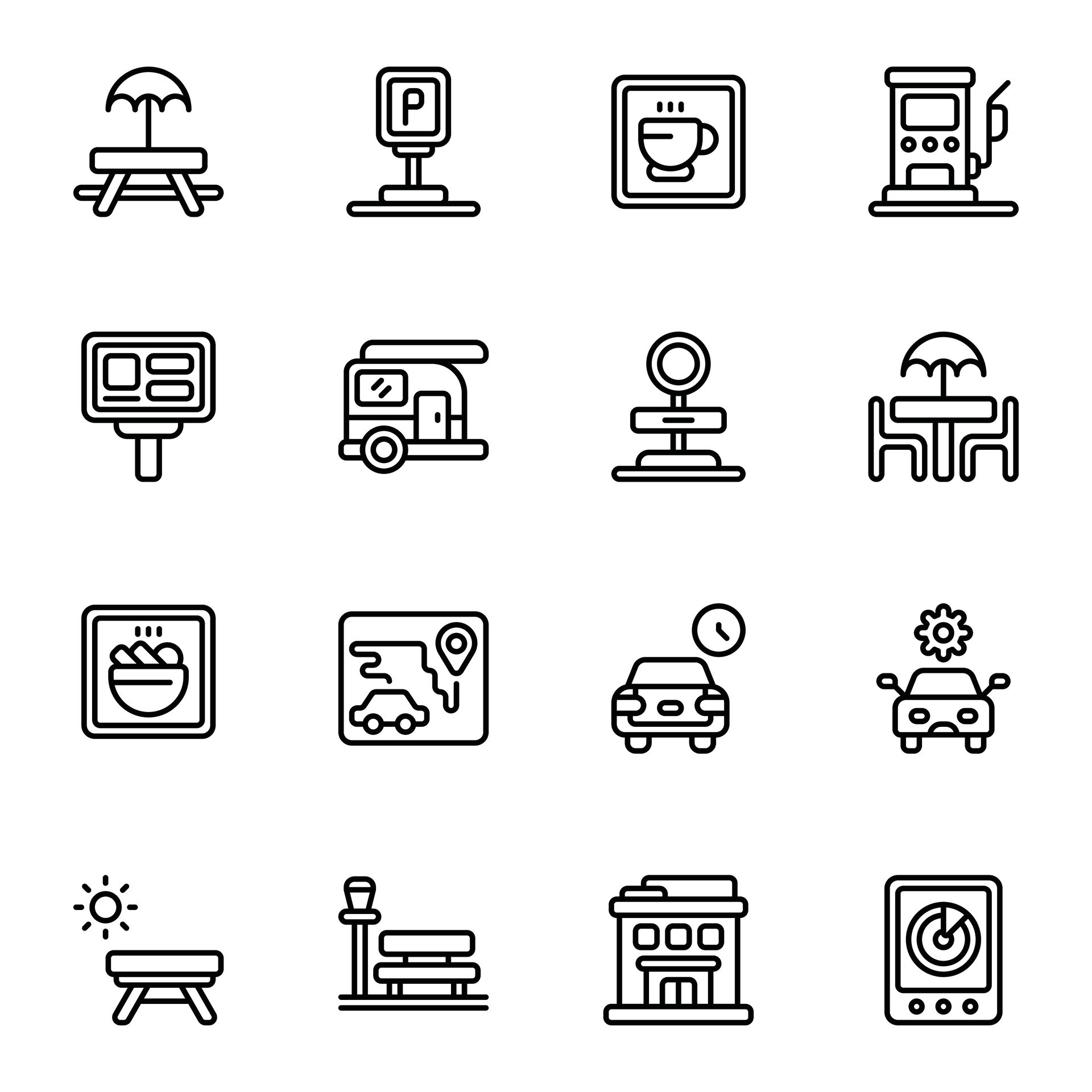 Rest Area icon set. Includes bench, coffee shop, gas oil, hotel, parking, park, and More ...