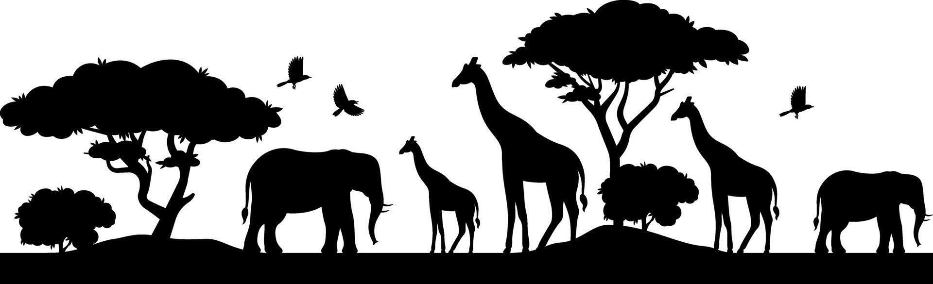 African savanna safari with animals seamless border. Black silhouette ...