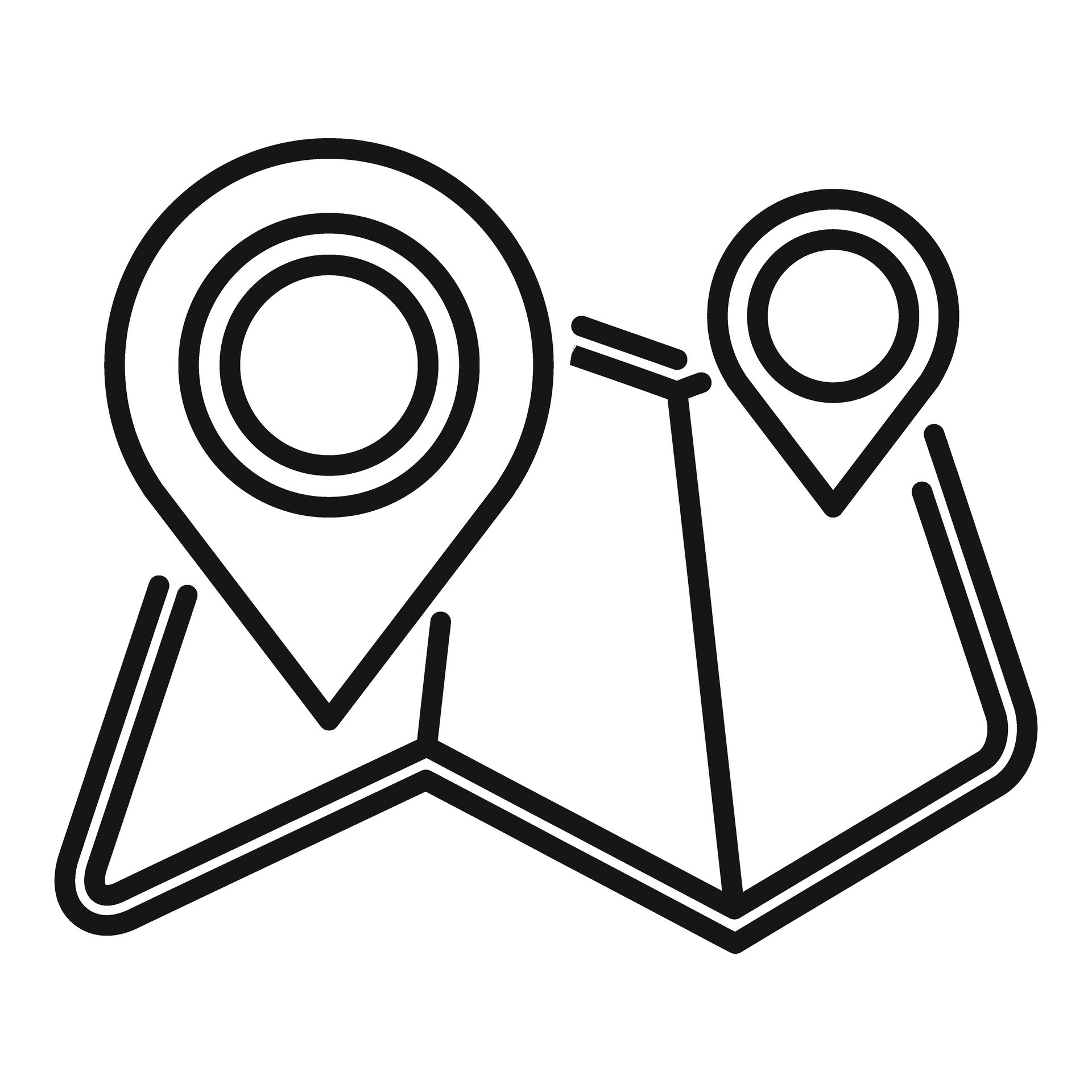 Gps navigation showing route with two location pins on folded paper map ...