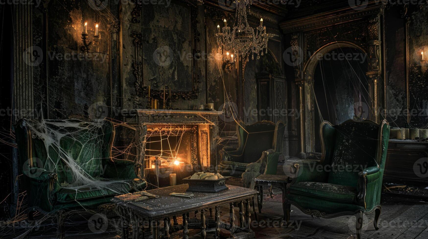 Dark eerie antique living room with green velvet furniture. Concept of spooky, abandoned mansion ...