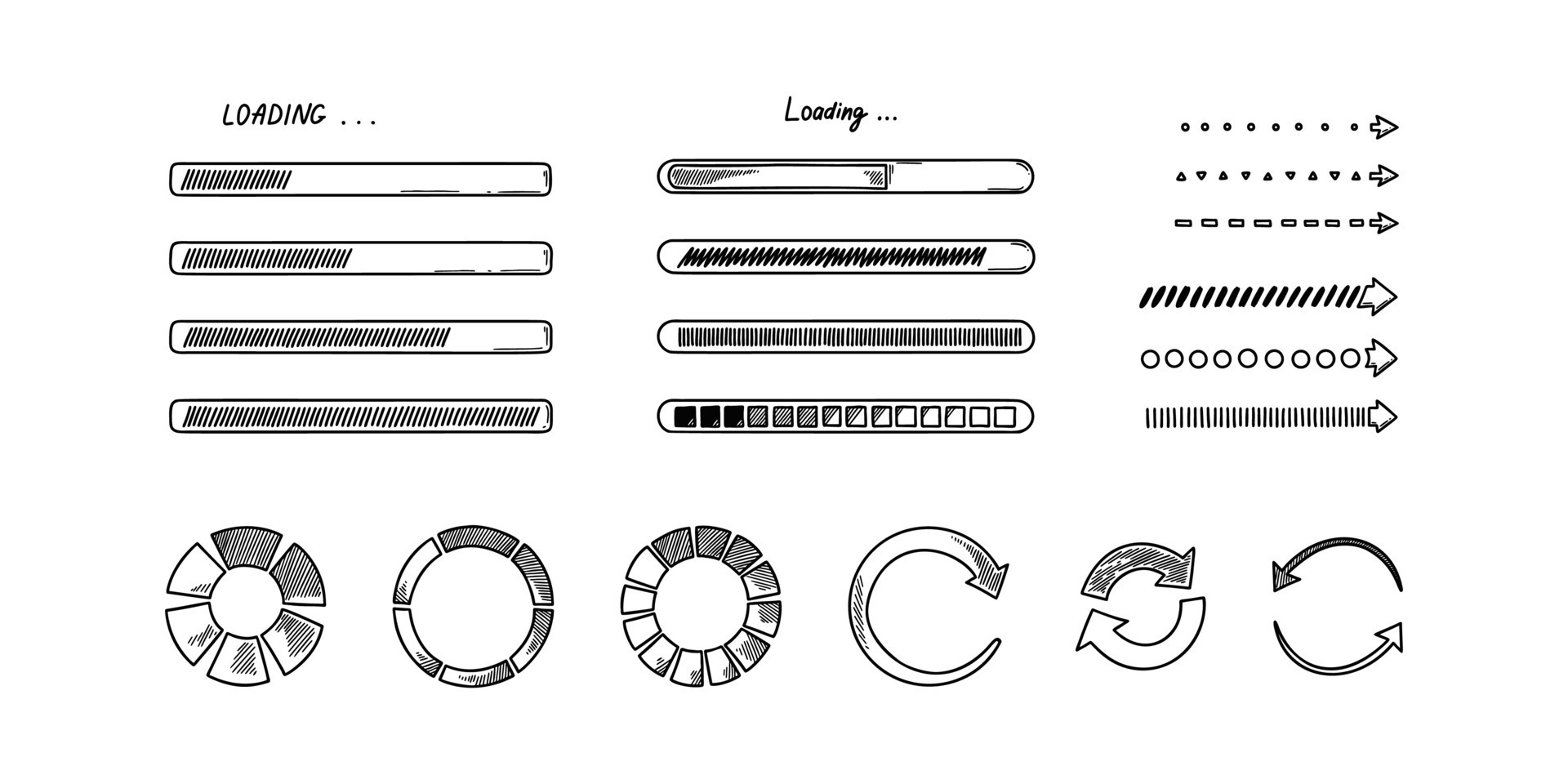 Doodle loading bar, circles. Hand drawn set of graphic, application, ui ...