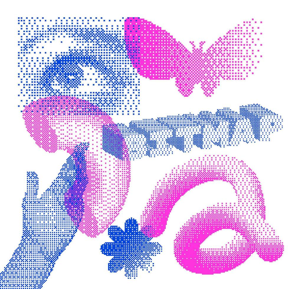 Abstract Y2K Graphic Design 3D Forms Elements set. Trendy Shapes, eye and hand with Bitmap ...