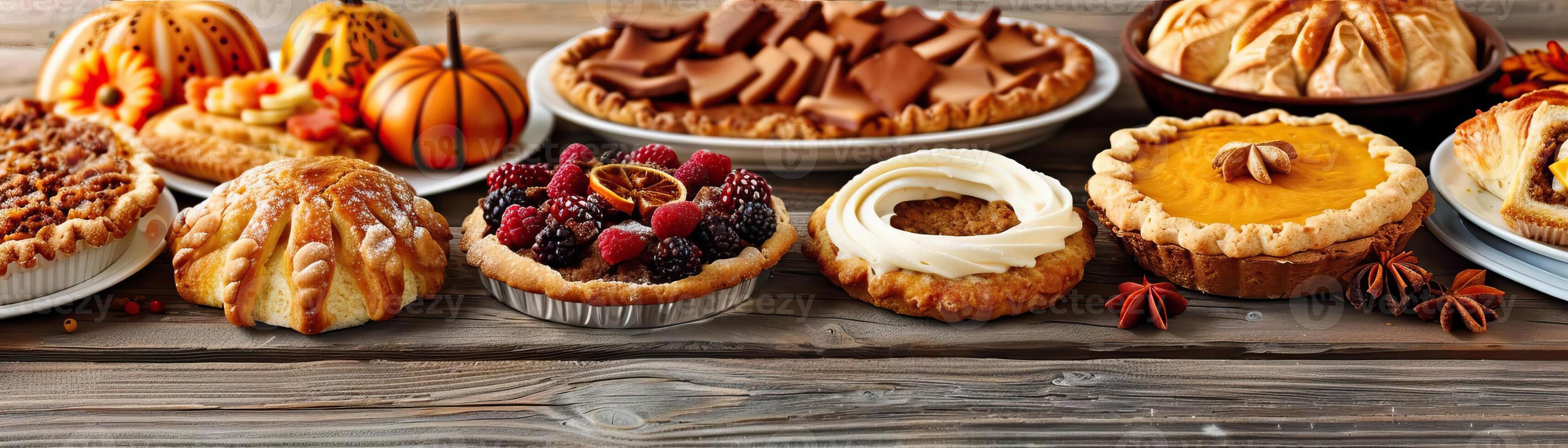 Assorted festive Thanksgiving baked goods with autumn decorations ...
