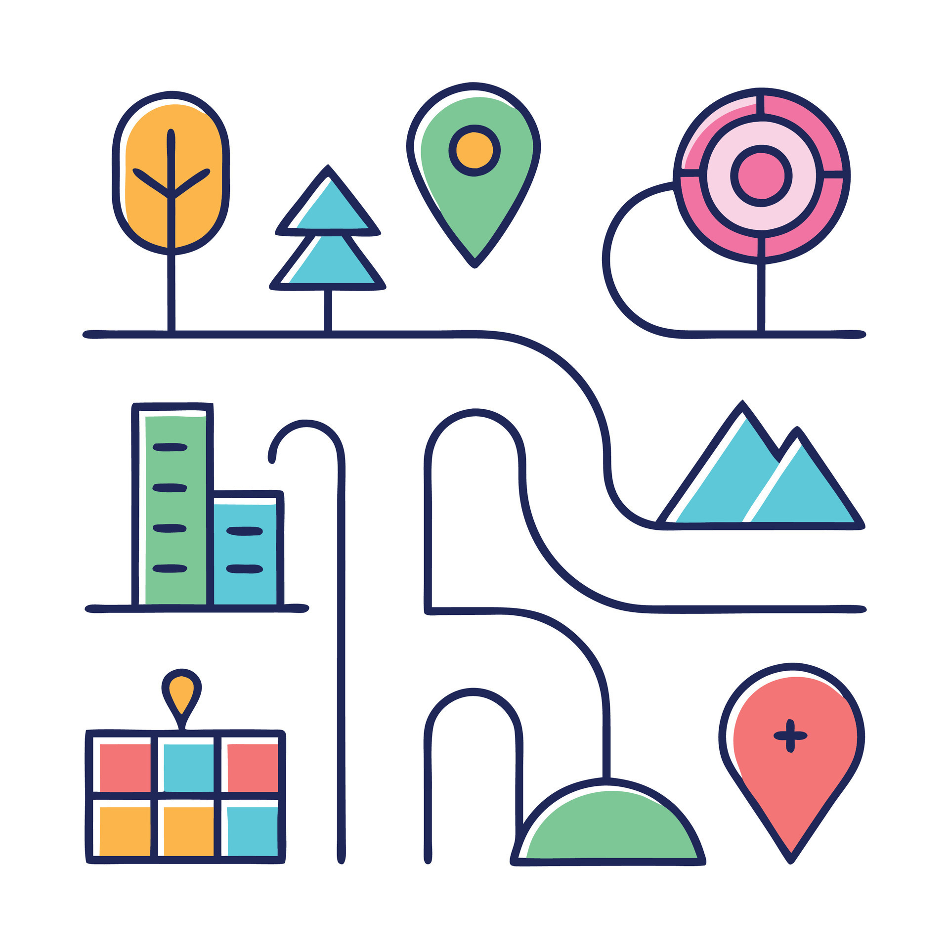 Pathway concept colorful linear icons. color offset line icons flat color outline sign ...