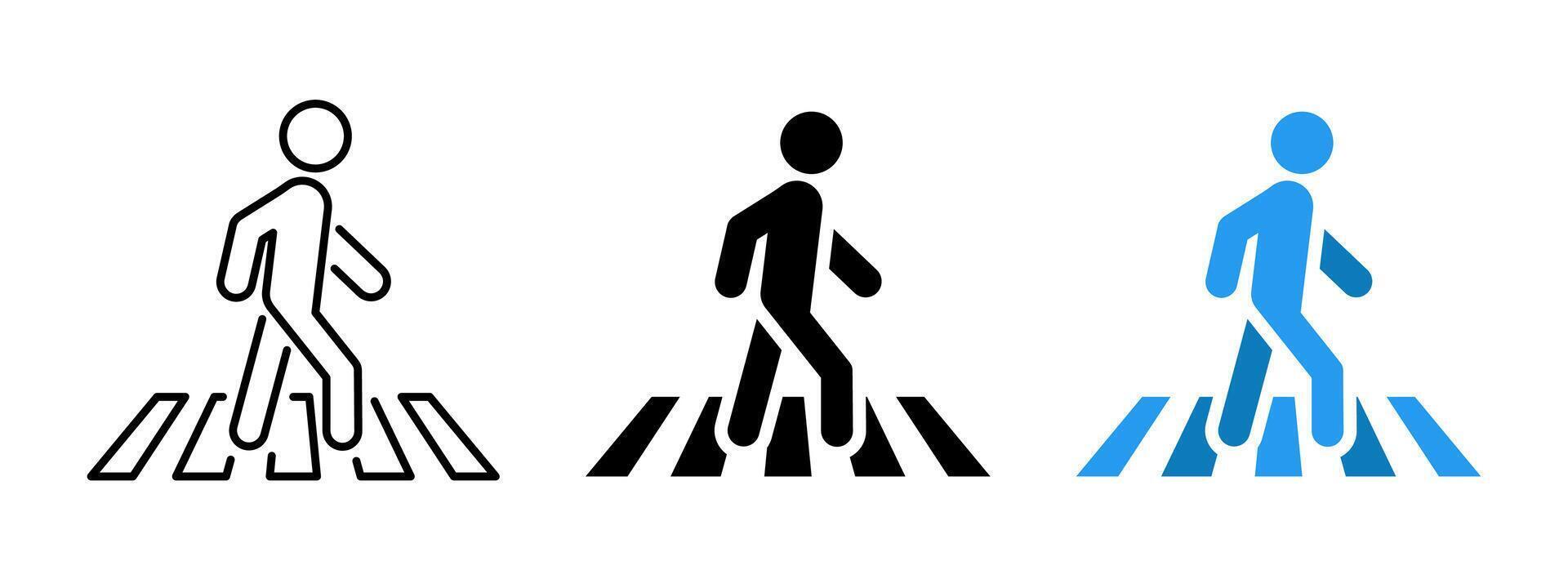 Crosswalk sign. Pedestrian crossing the road icon. Person walking cross the road. Zebra roadsign ...