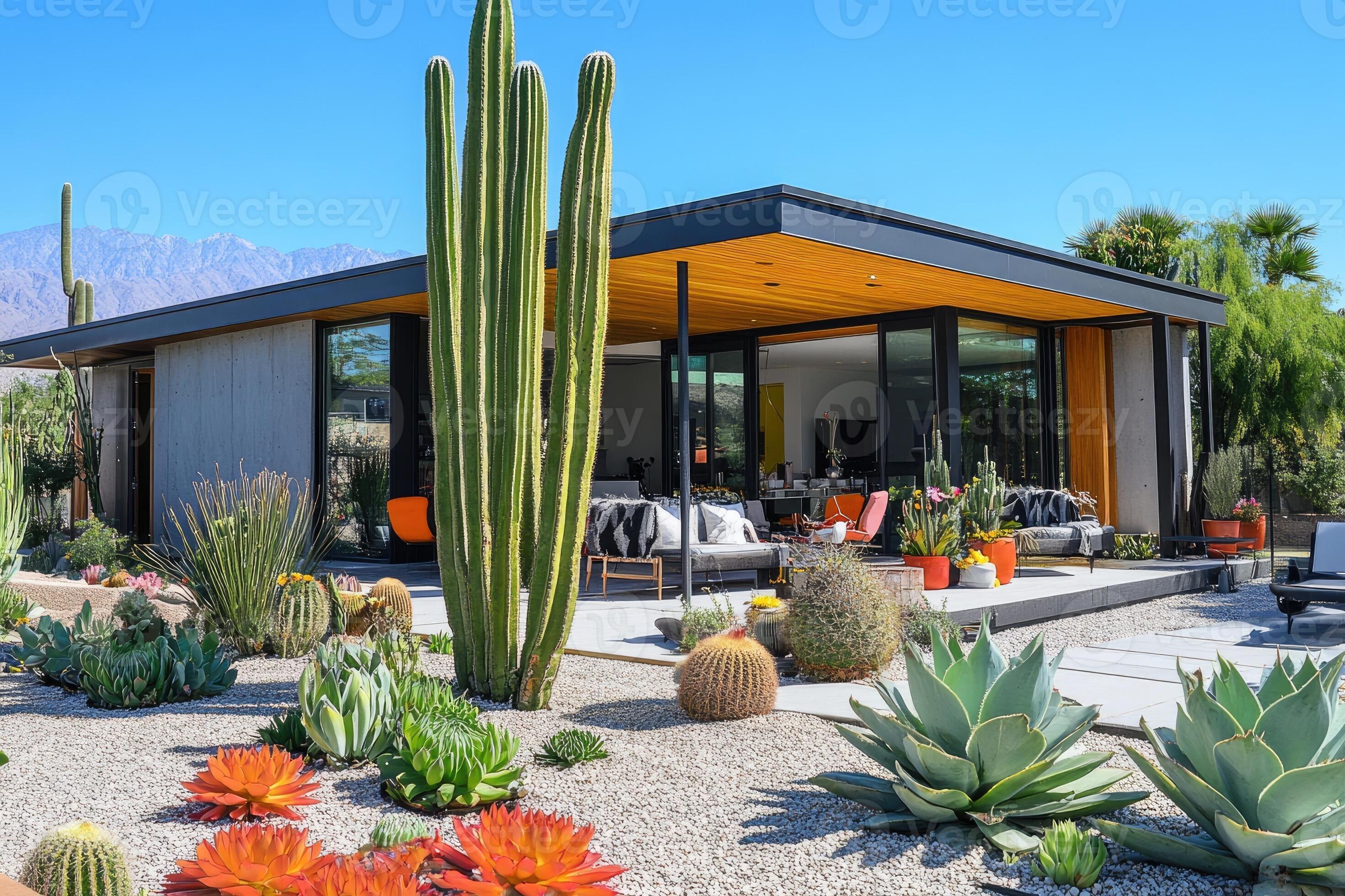 A modern house featuring extensive desert landscaping, large windows, and contemporary design ...