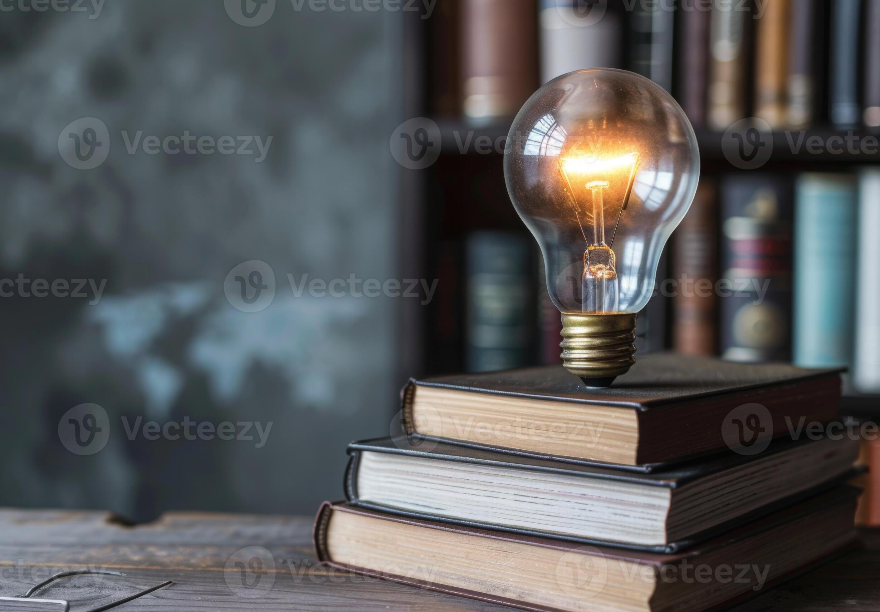 A light bulb placed on top of a stack of business books, representing knowledge and innovation ...