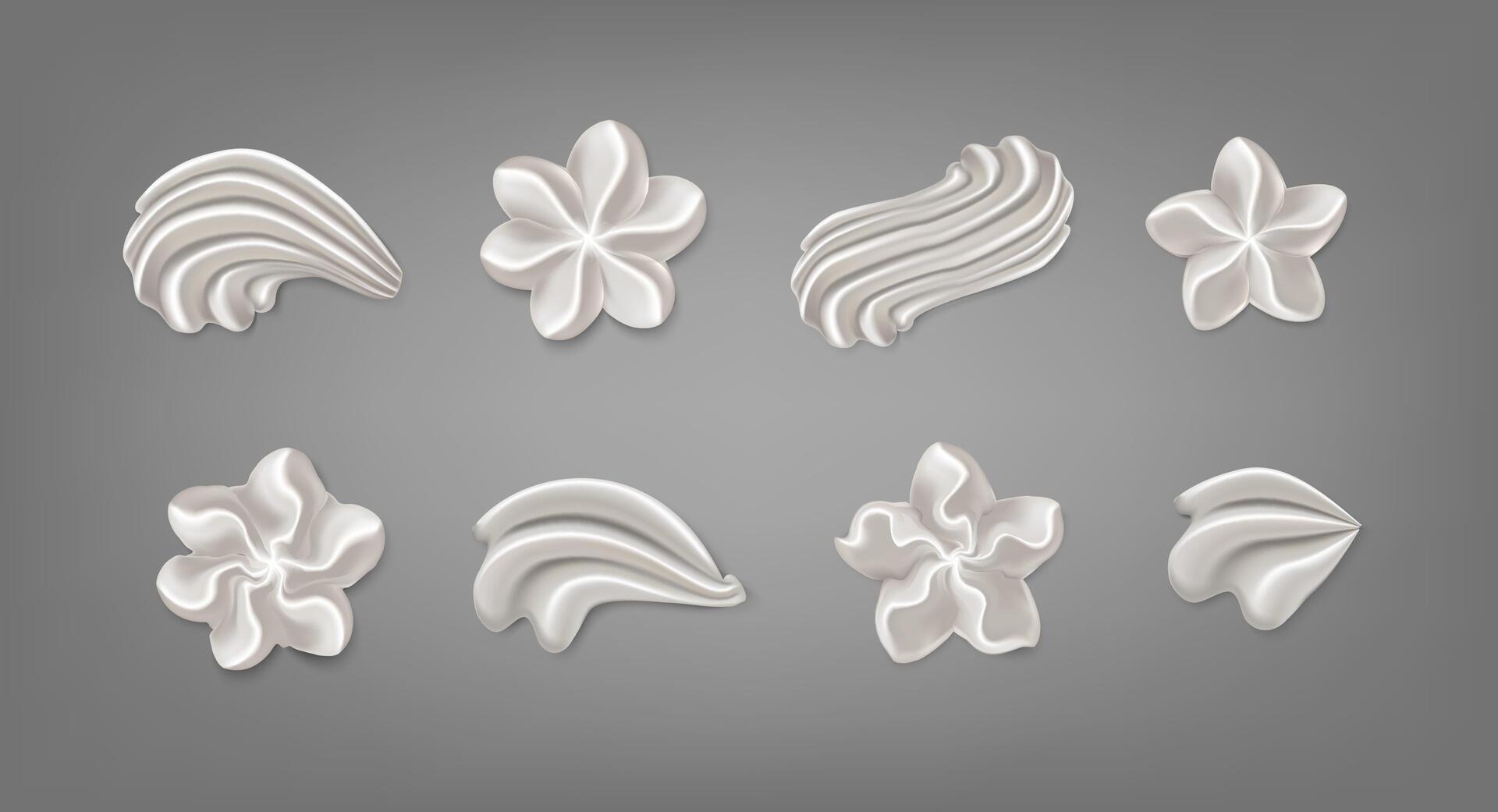 3d realistic icon set. Baker cream. Whipped cream swirl collection of smooth dairy icing ...