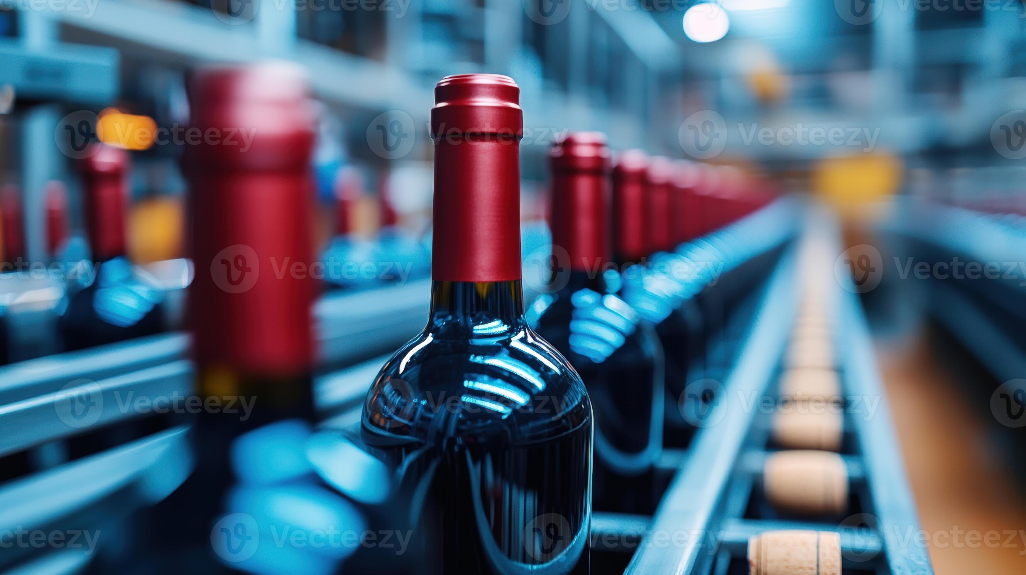 A production line of red wine bottles moving through a modern factory, capturing the industrial ...