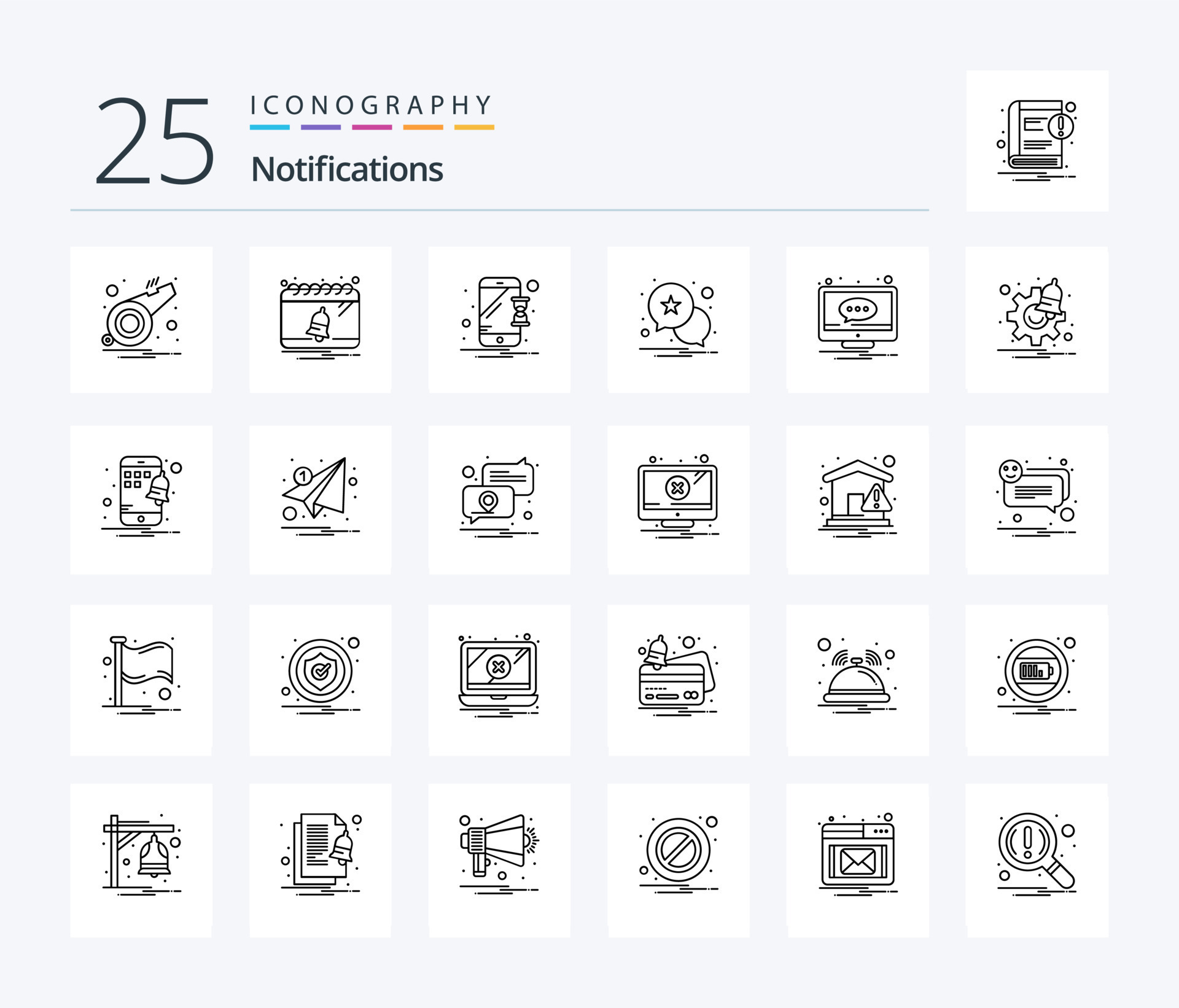 Notifications 25 Line Icon Pack Including Message Chat Device Alert Notification 49163108 Vector