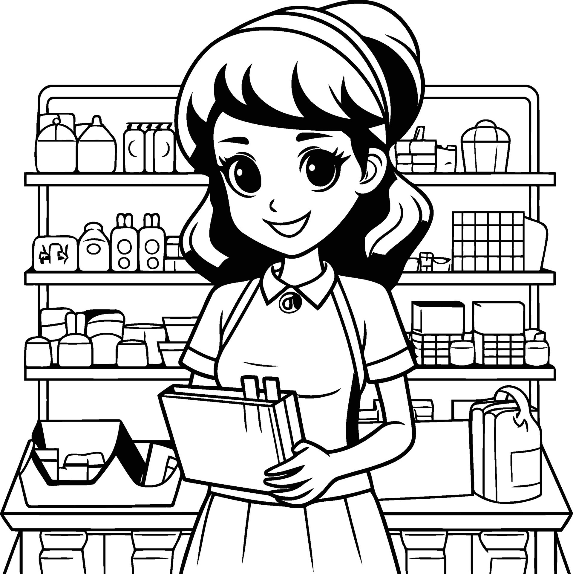 Cute Shop Assistant Cartoon In Black And White Element Illustration Graphic Design 49165345