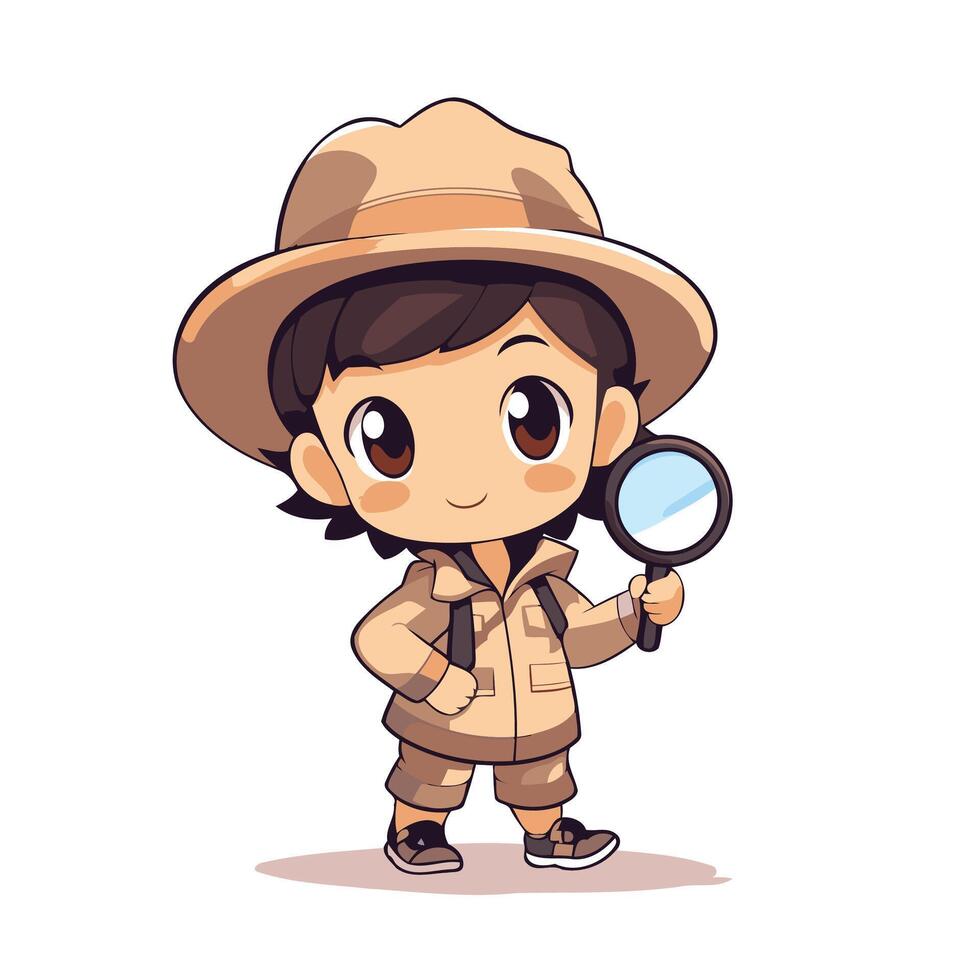 Cute boy explorer in safari outfit with magnifying glass element ...