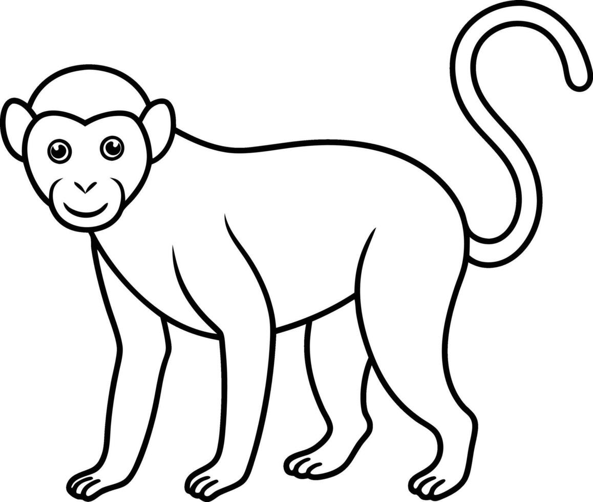 Monkey outline illustration swinging from a tree branch with a curled tail drawn with ...