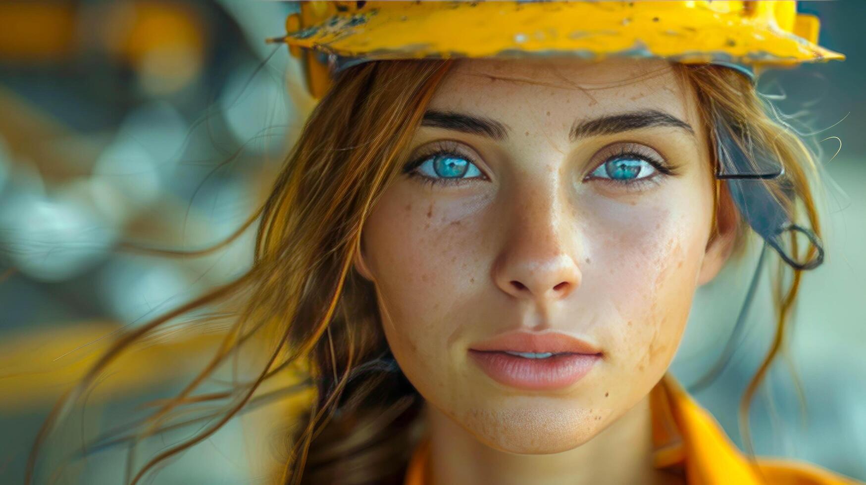 Close-up of a young female construction worker with blue eyes, wearing a safety helmet and ...