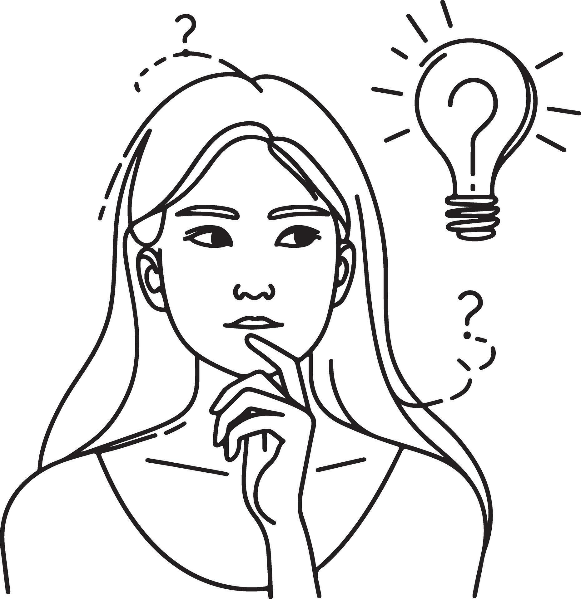 Minimalist Line Art Woman Thinking with Idea Light Bulb and Question Marks Problem Solving ...