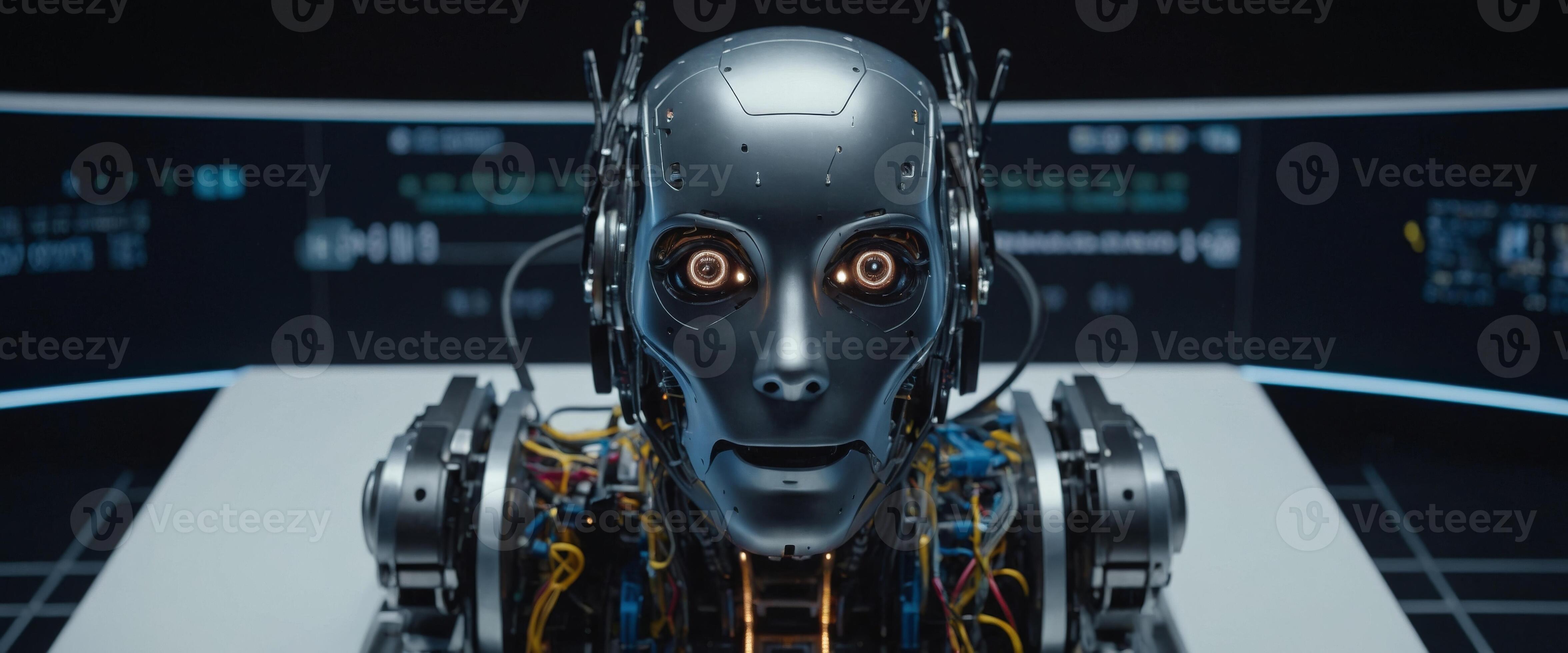 An head robot observes a virtual dashboard from above a podium ...