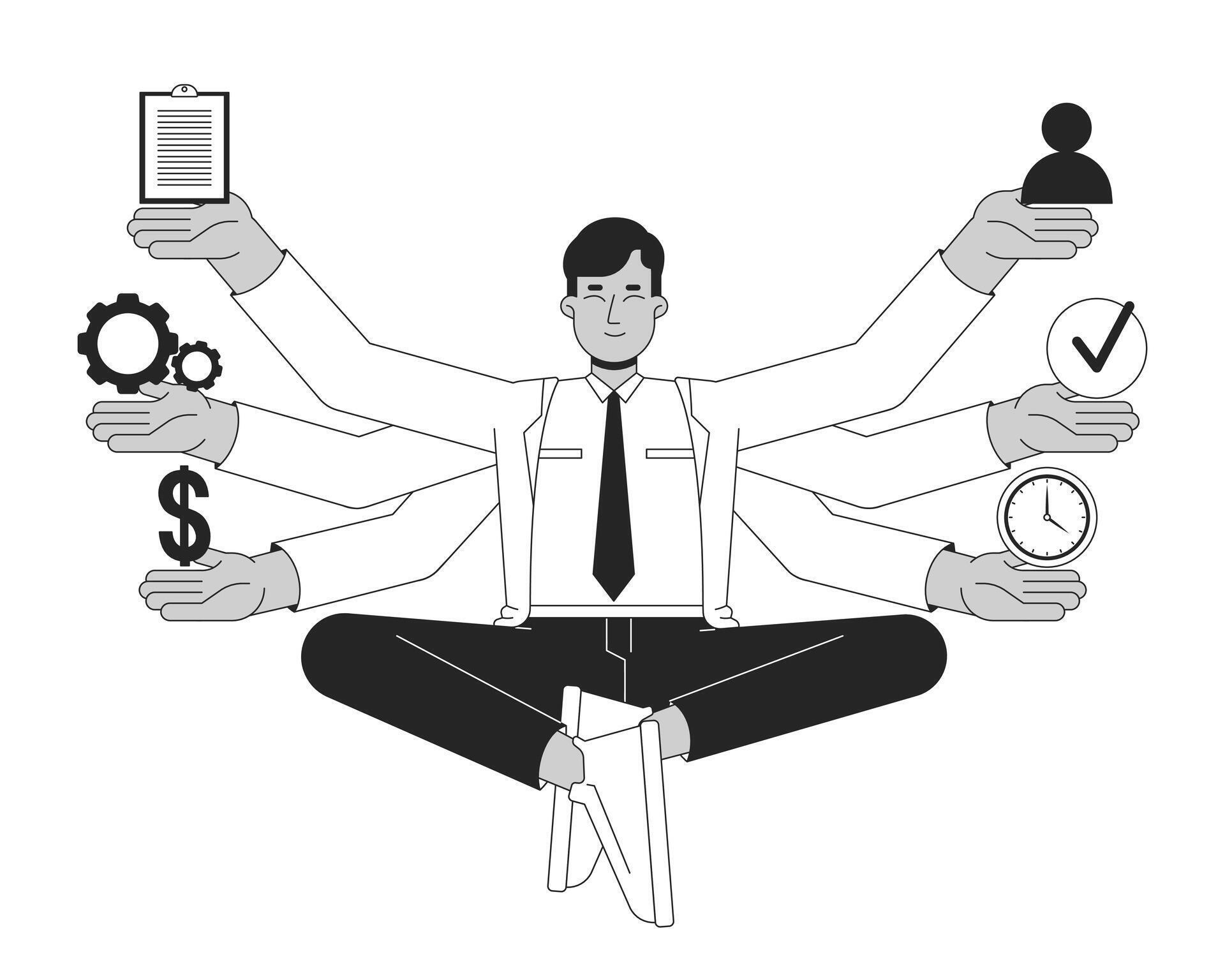Multitasking in management black and white 2D illustration concept. Product manager working on ...