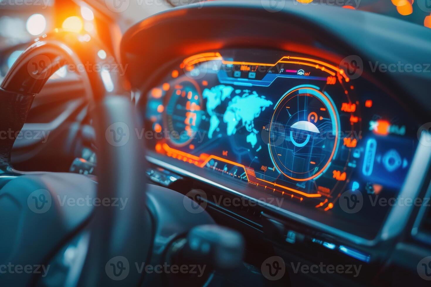 An electric cars dashboard features an advanced holographic interface ... An electric cars dashboard features an advanced holographic interface ...