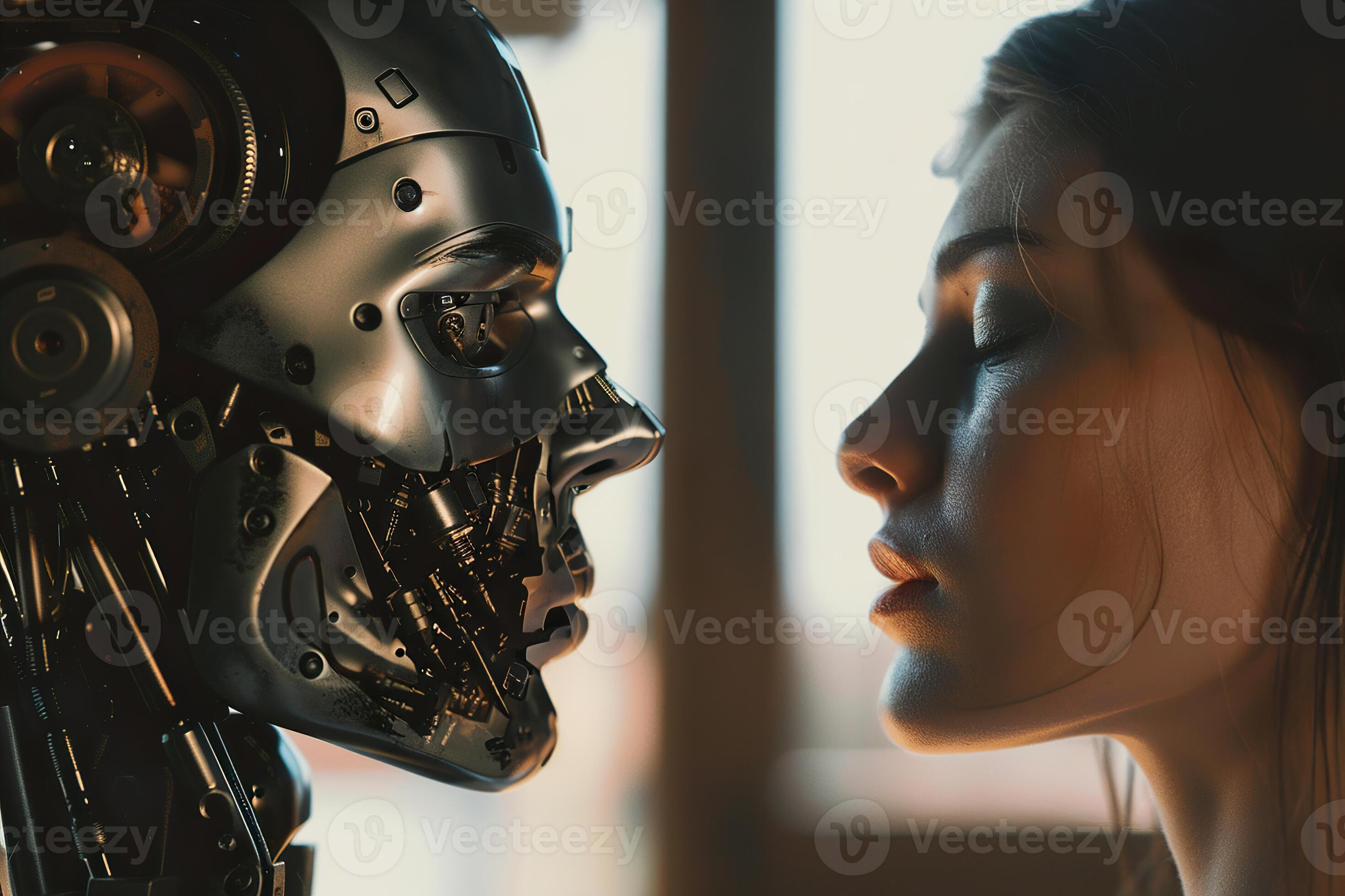 Dramatic and emotional portrait of a woman and a humanoid robot intimately facing each other ...