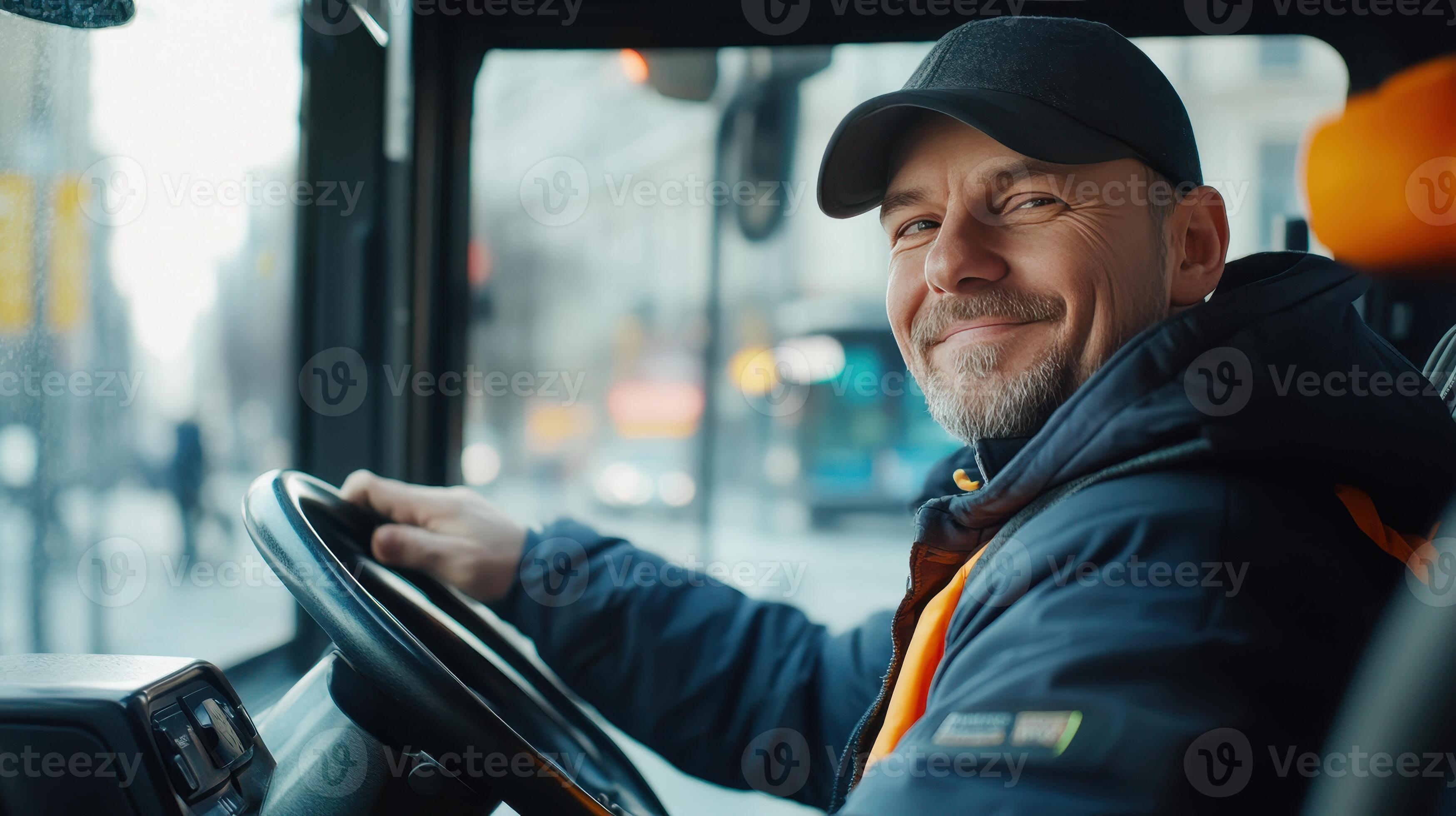 Smiling Bus Driver Wearing Cap Seated Inside Bus on City Street in Daylight 49200838 Stock Photo ...