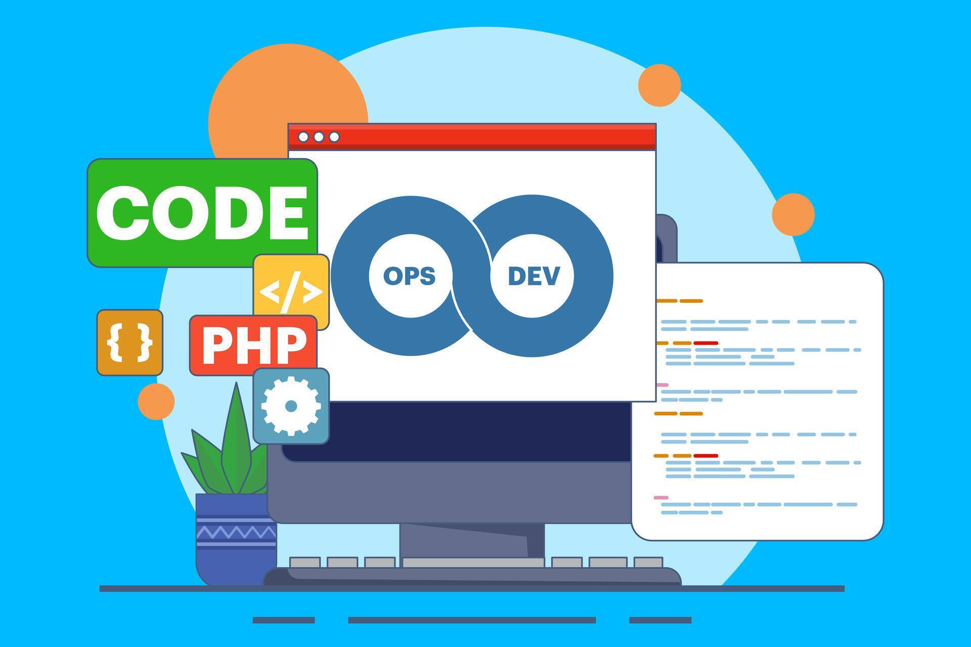 Software development and operations program practice concept, DevOps methodology, technical ...