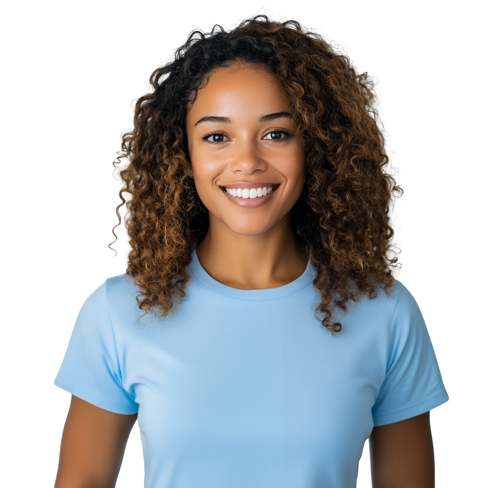 Beautiful Smiling Mixed Race Woman With Curly Hair Wearing Blue T Shirt