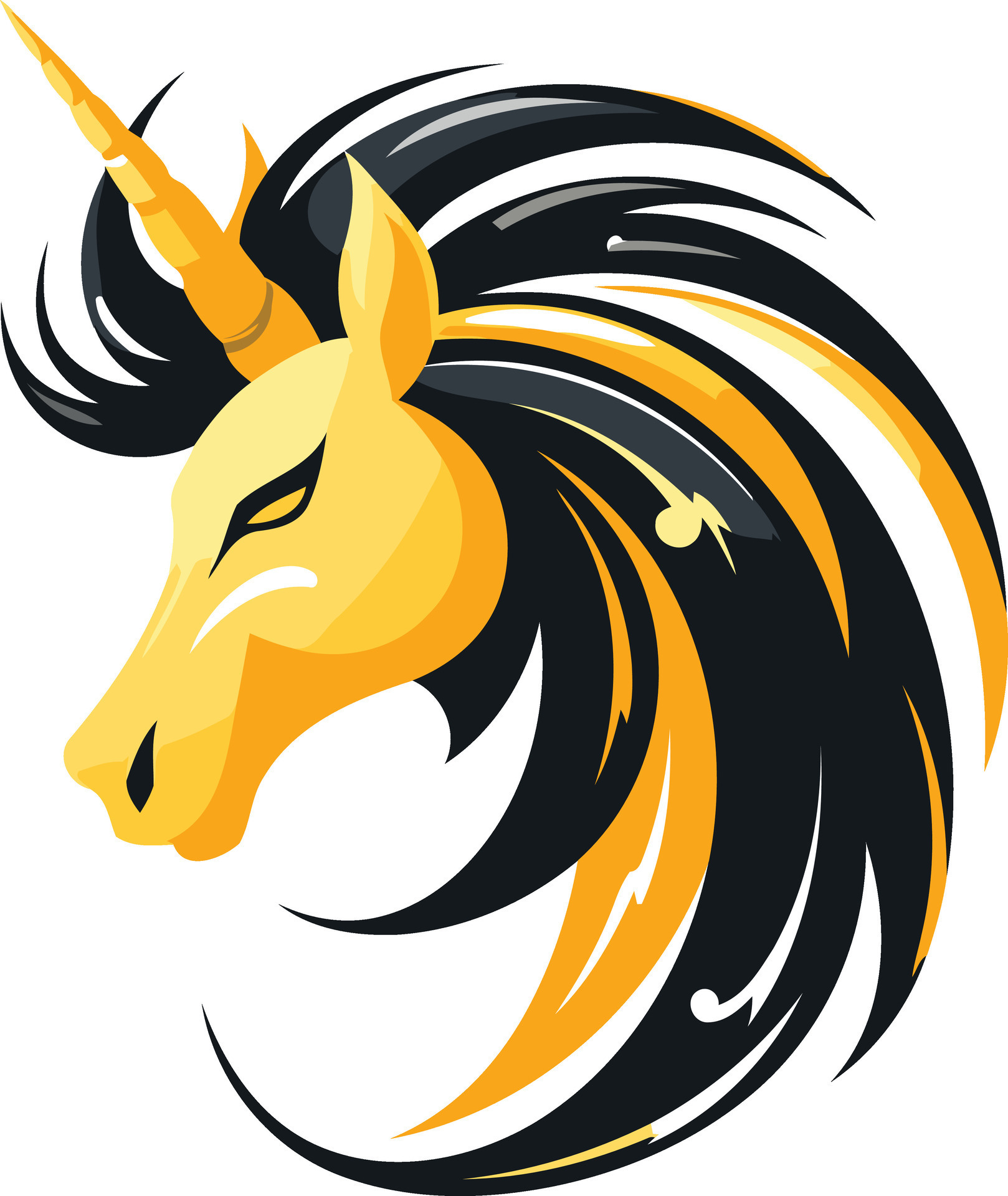 Stylized unicorn head with black and yellow mane, perfect for logos ...
